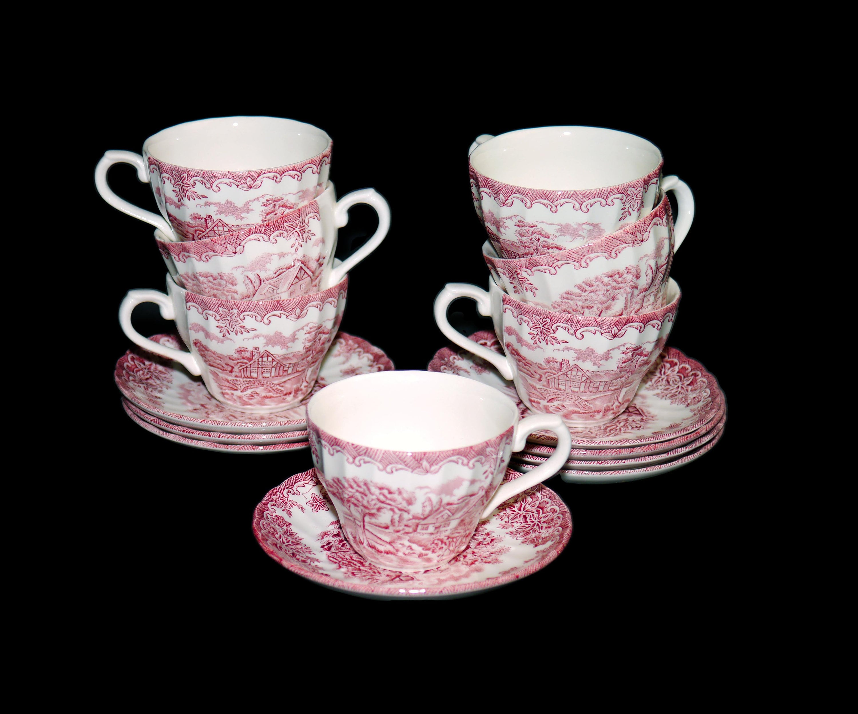 Set of seven vintage (1993) Churchill China The Brook Pink transferware ...