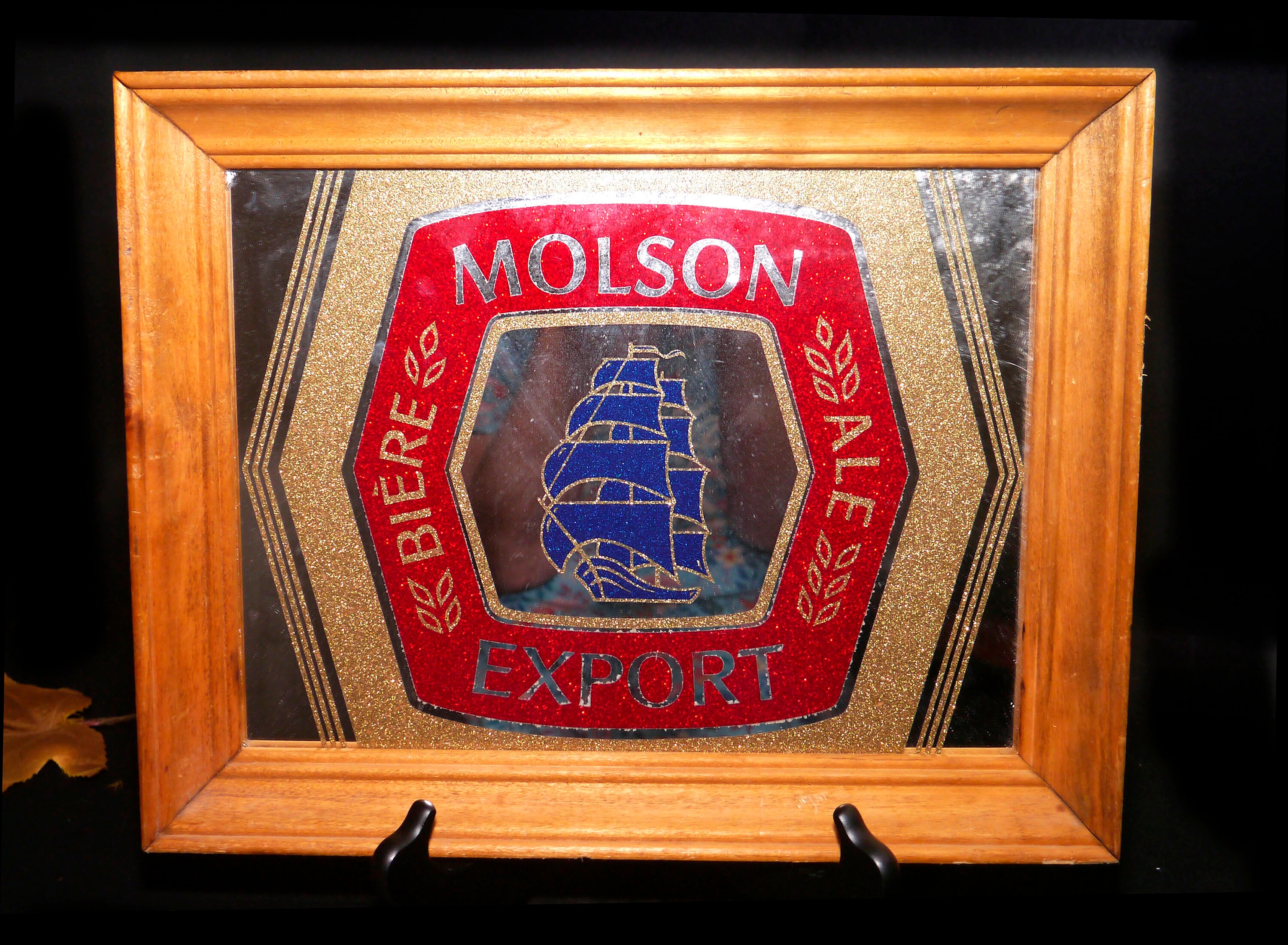 Molson Export Ale framed etched-glass bar mirror. Old Export branding ...