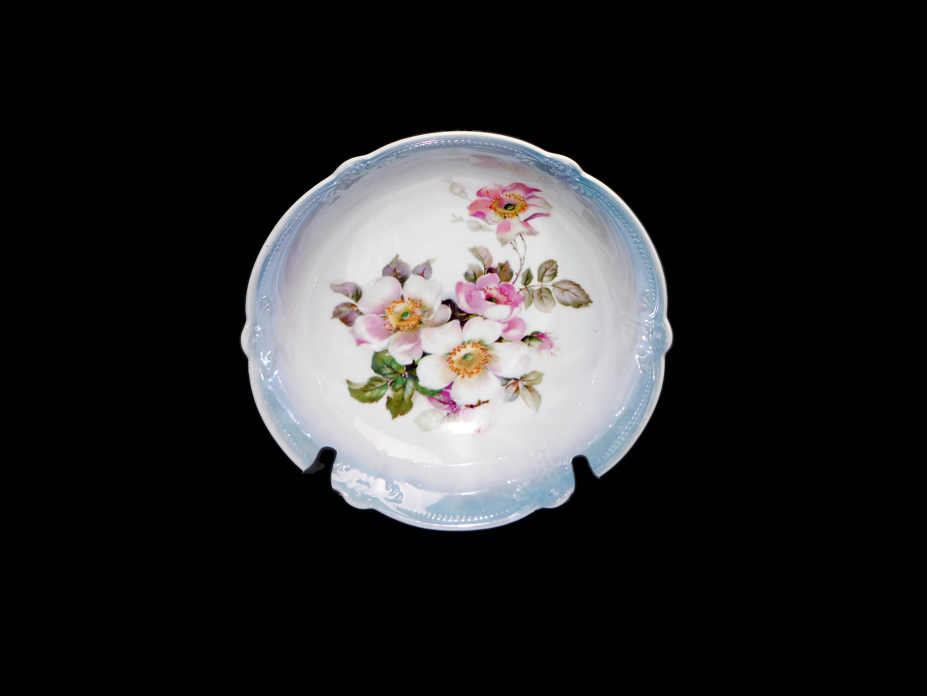 German hand-painted lusterware vegetable bowl. Central florals ...