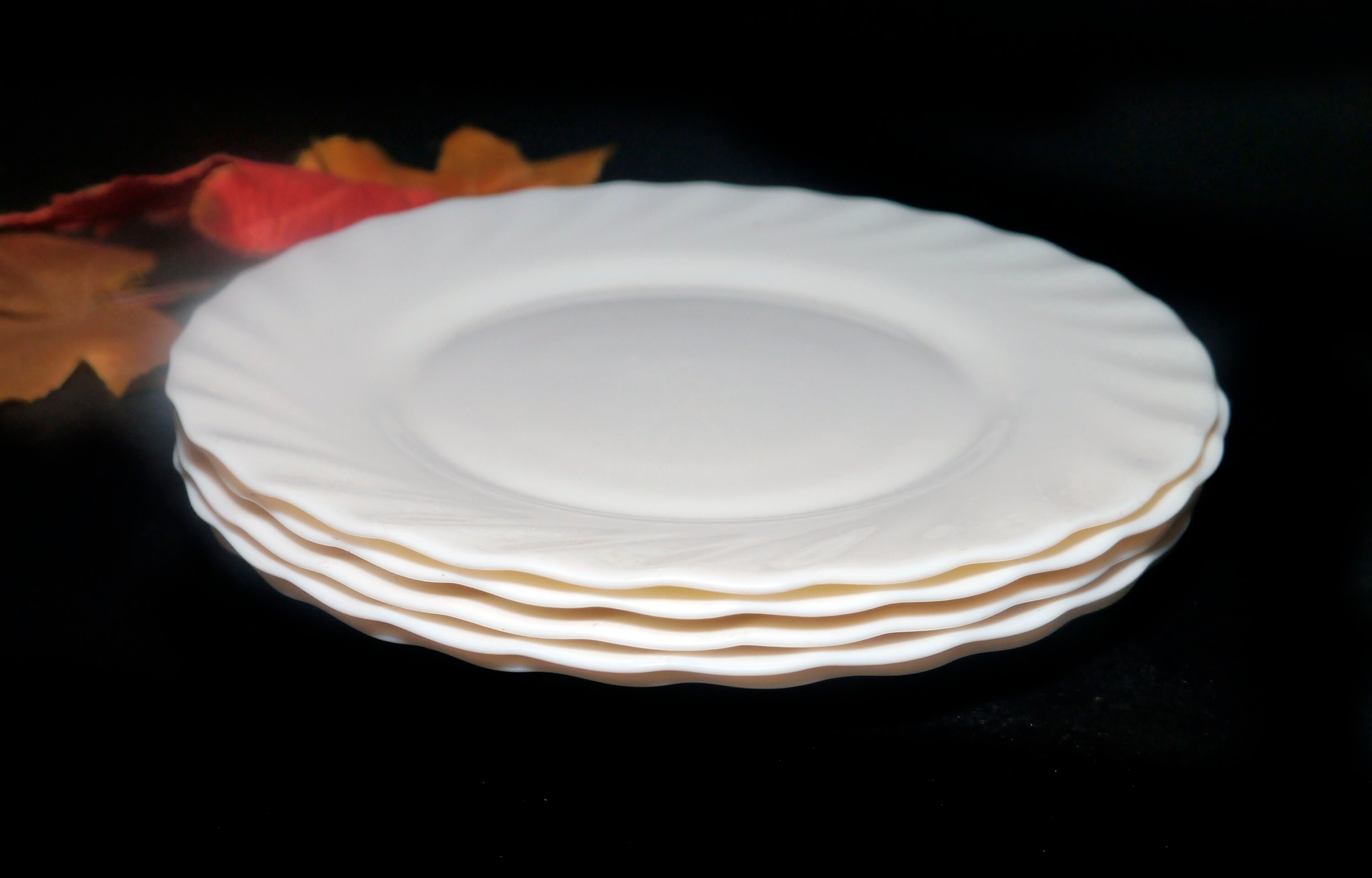 Set of five Arcopal Trianon salad or side plates. All-white milk glass ...