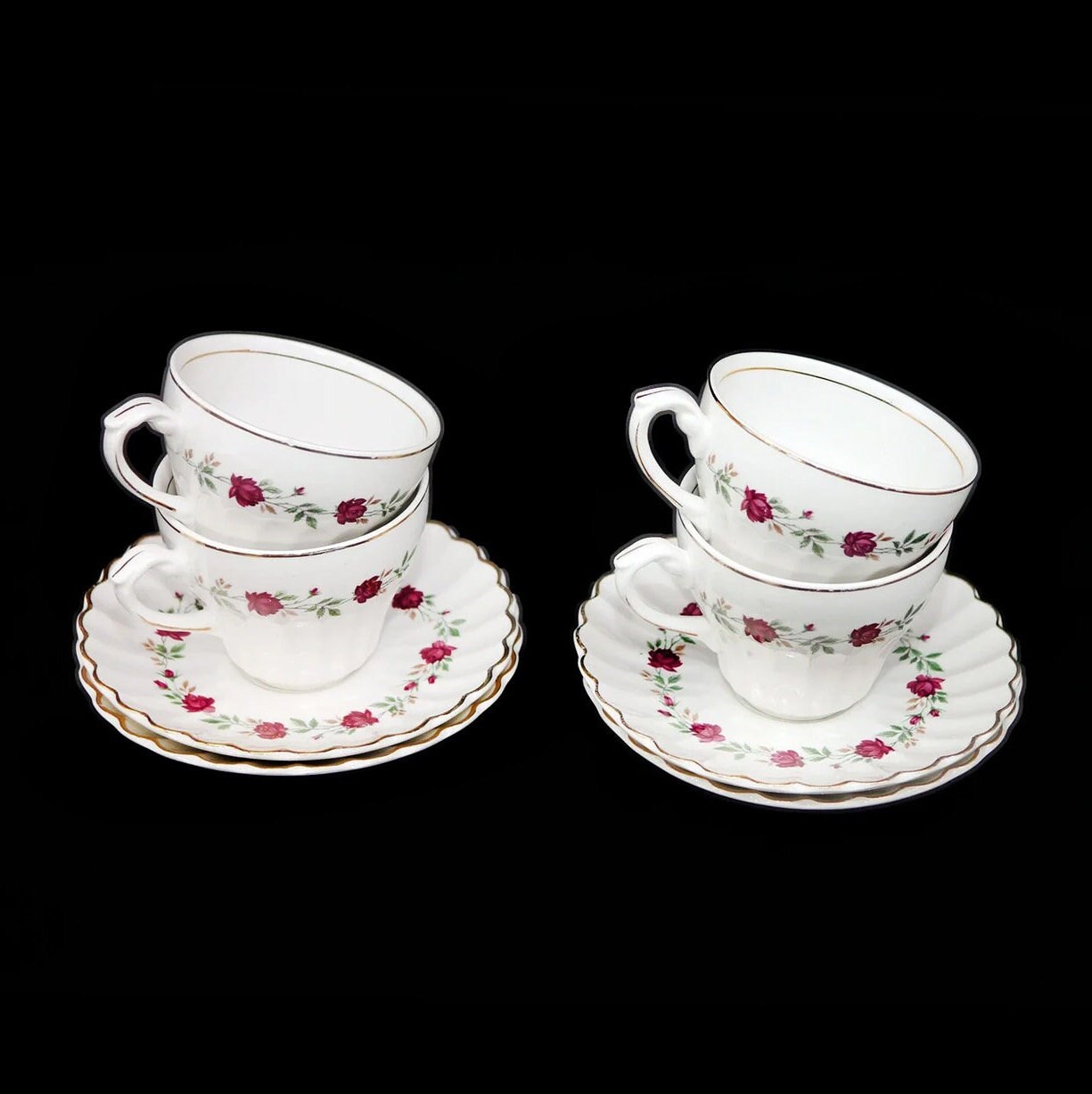 Four J&G Meakin Rose Marie cup and saucer sets made in England ...