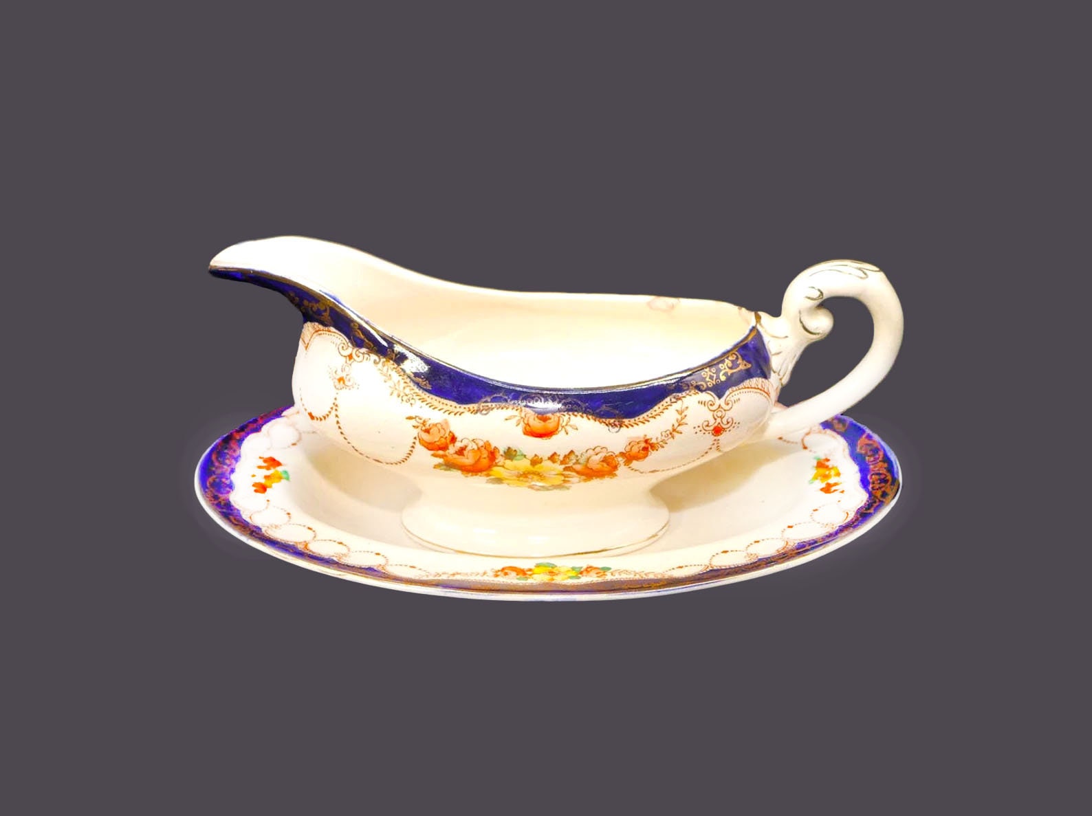 Myott Rosemary cobalt and gold gravy boat with under-plate made in ...
