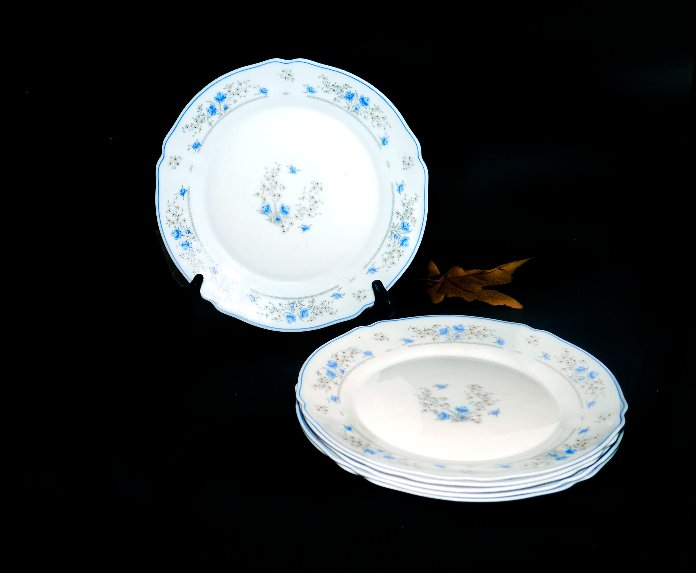 Six Arcopal Romantique large milk glass dinner plates made in France.