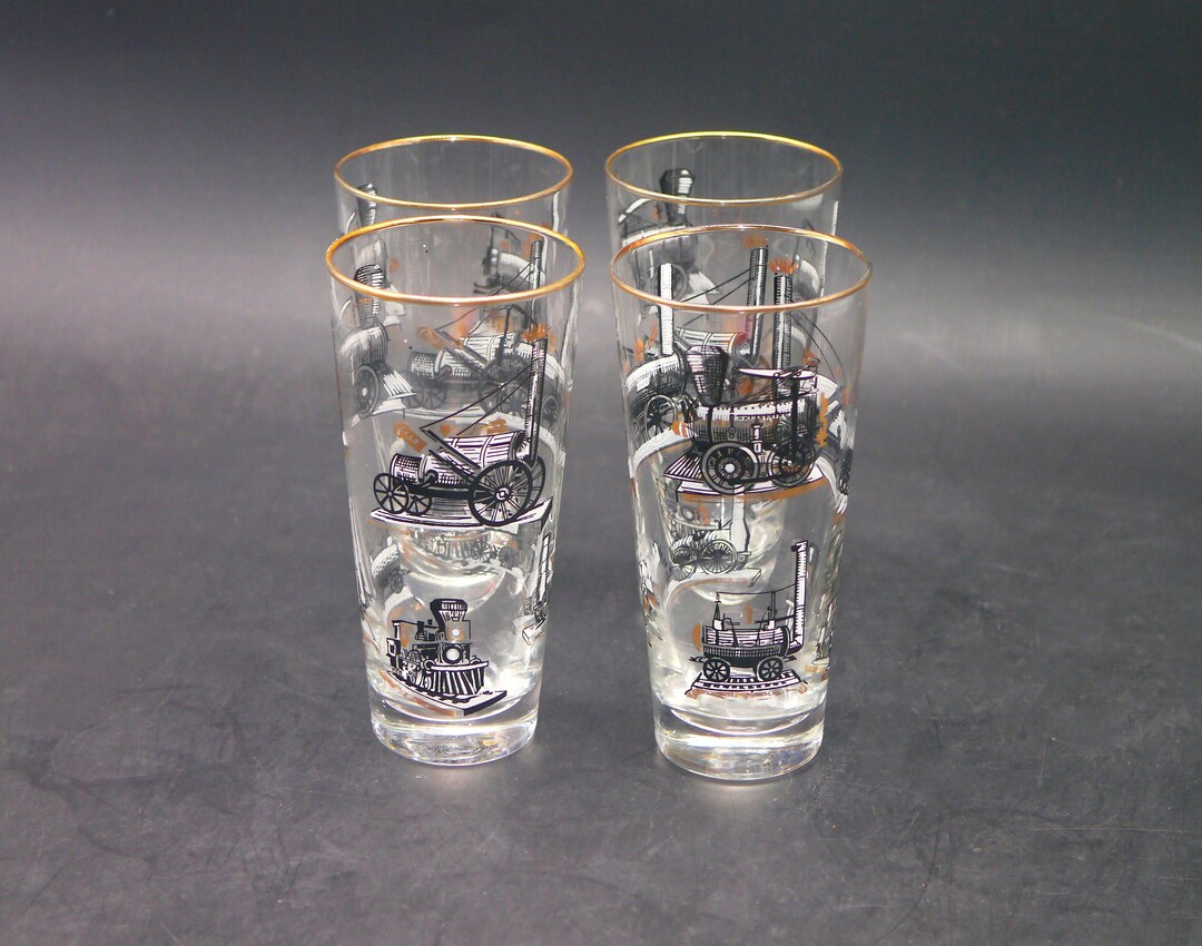 Four Libbey Etched-glass Steampunk | Steam Engine | Train | Locomotive ...