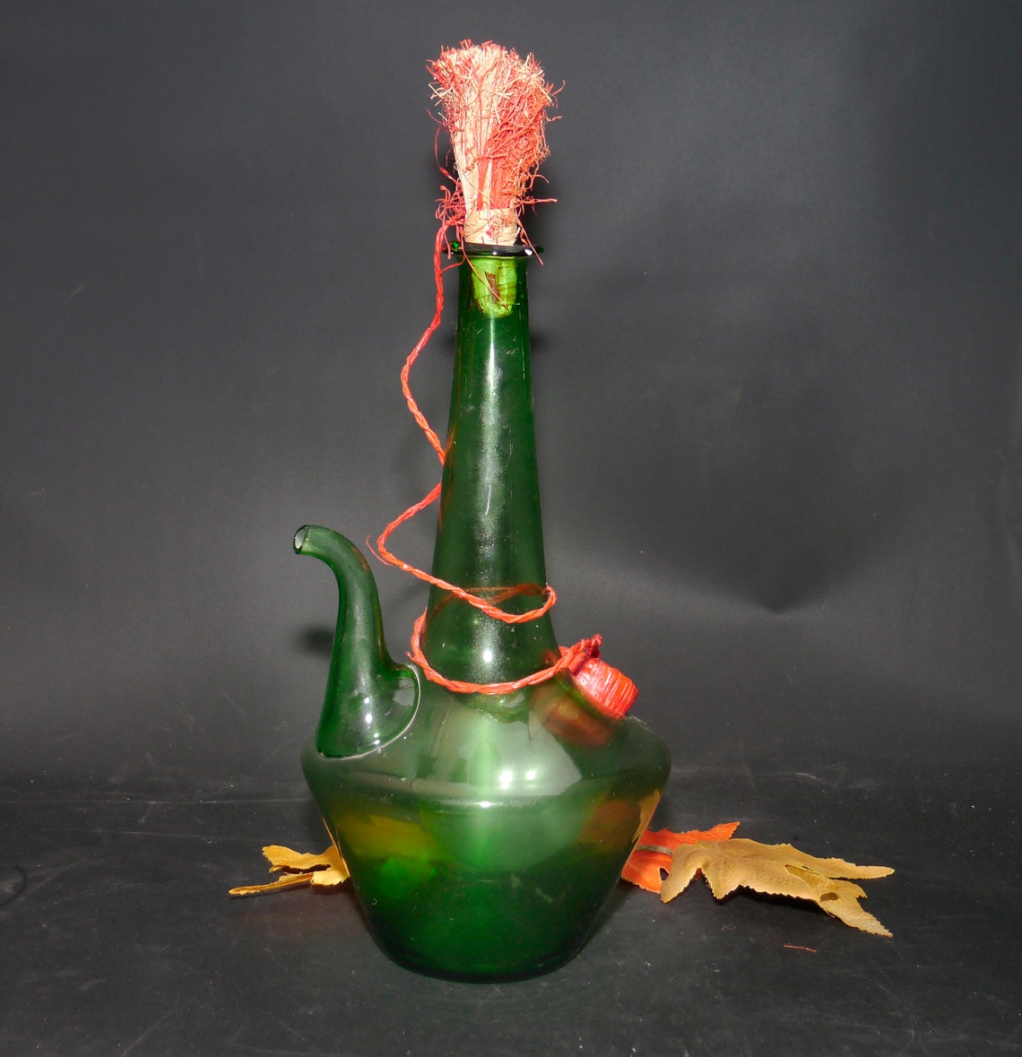Mid-century Italy Green Glass Fiasco Wine Bottle Decanter With - Etsy ...