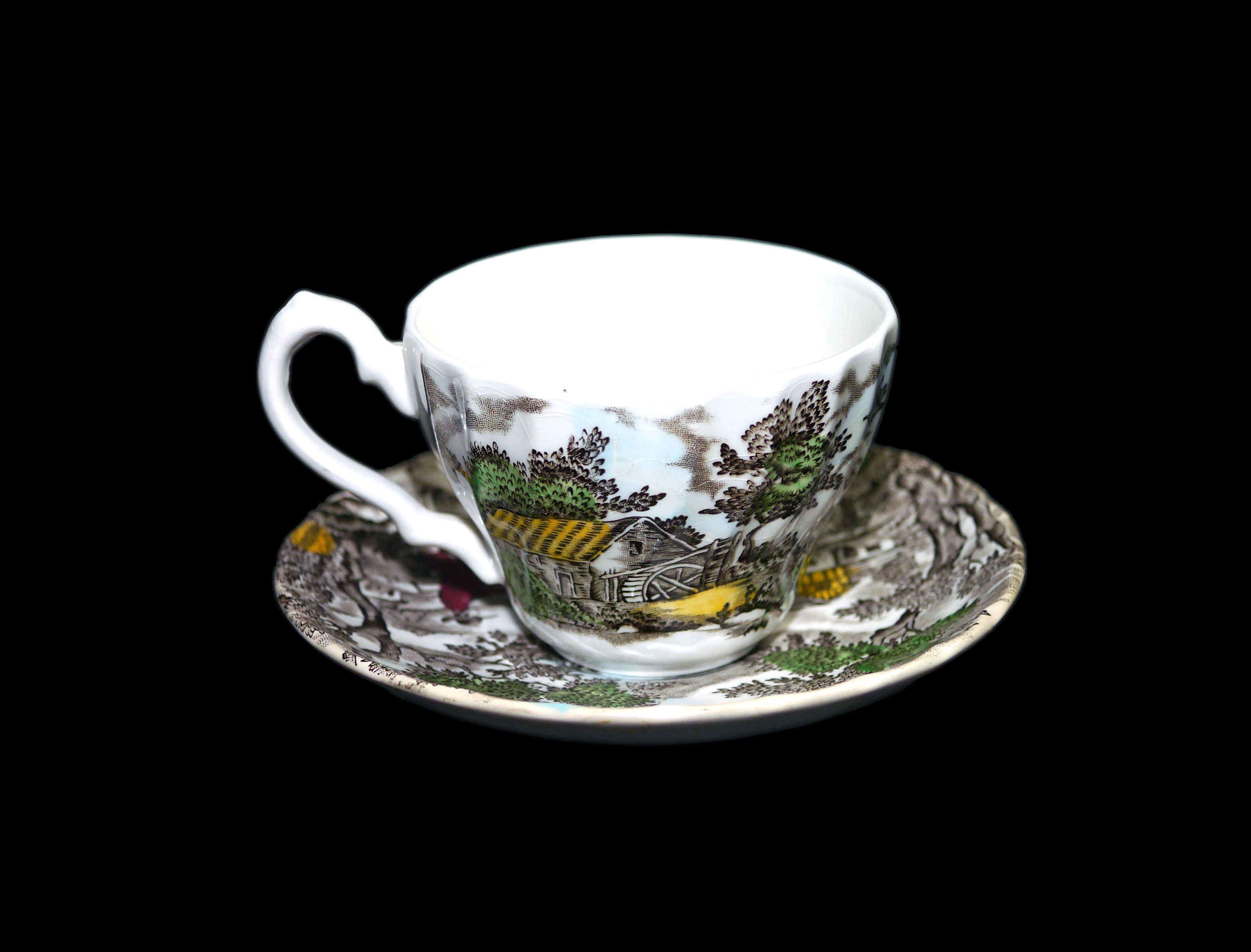 Eight Myott The Hunter Multicolor hand-decorated cup and saucer sets ...
