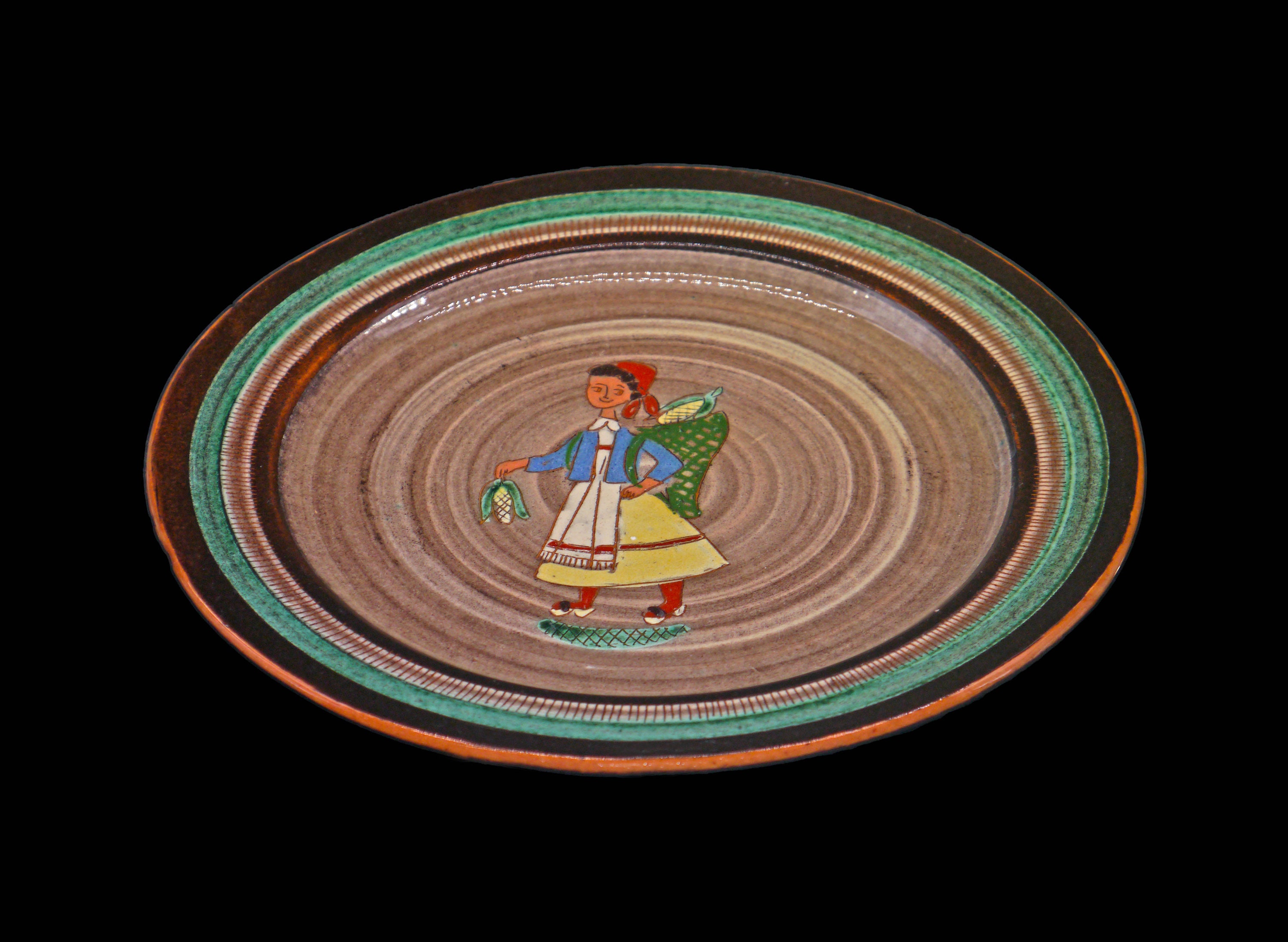 Pair of hand-painted African folk-art plates in Quimper style. Pilgrims ...