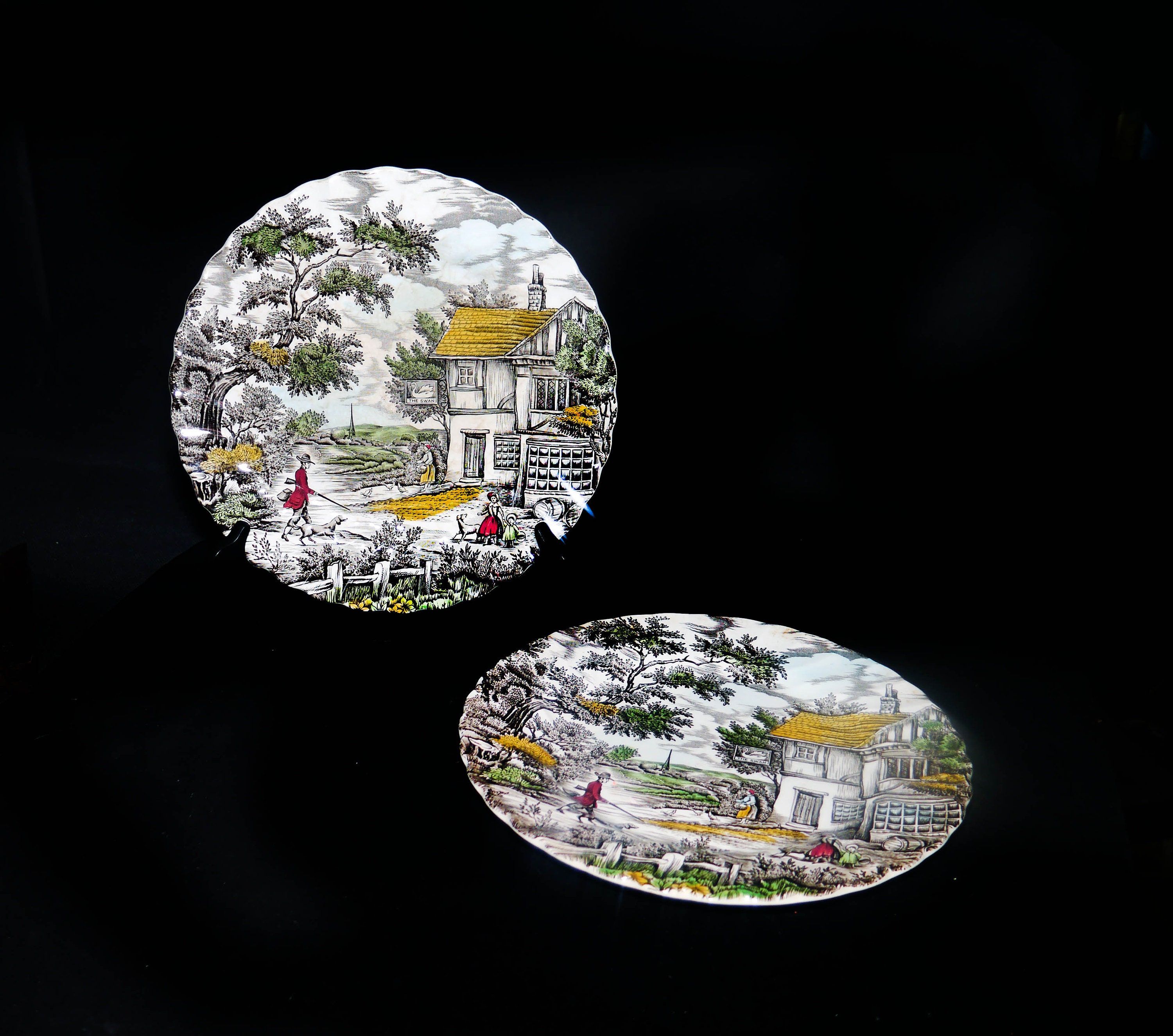 Eight Myott The Hunter Multicolor transferware dinner plates made in ...