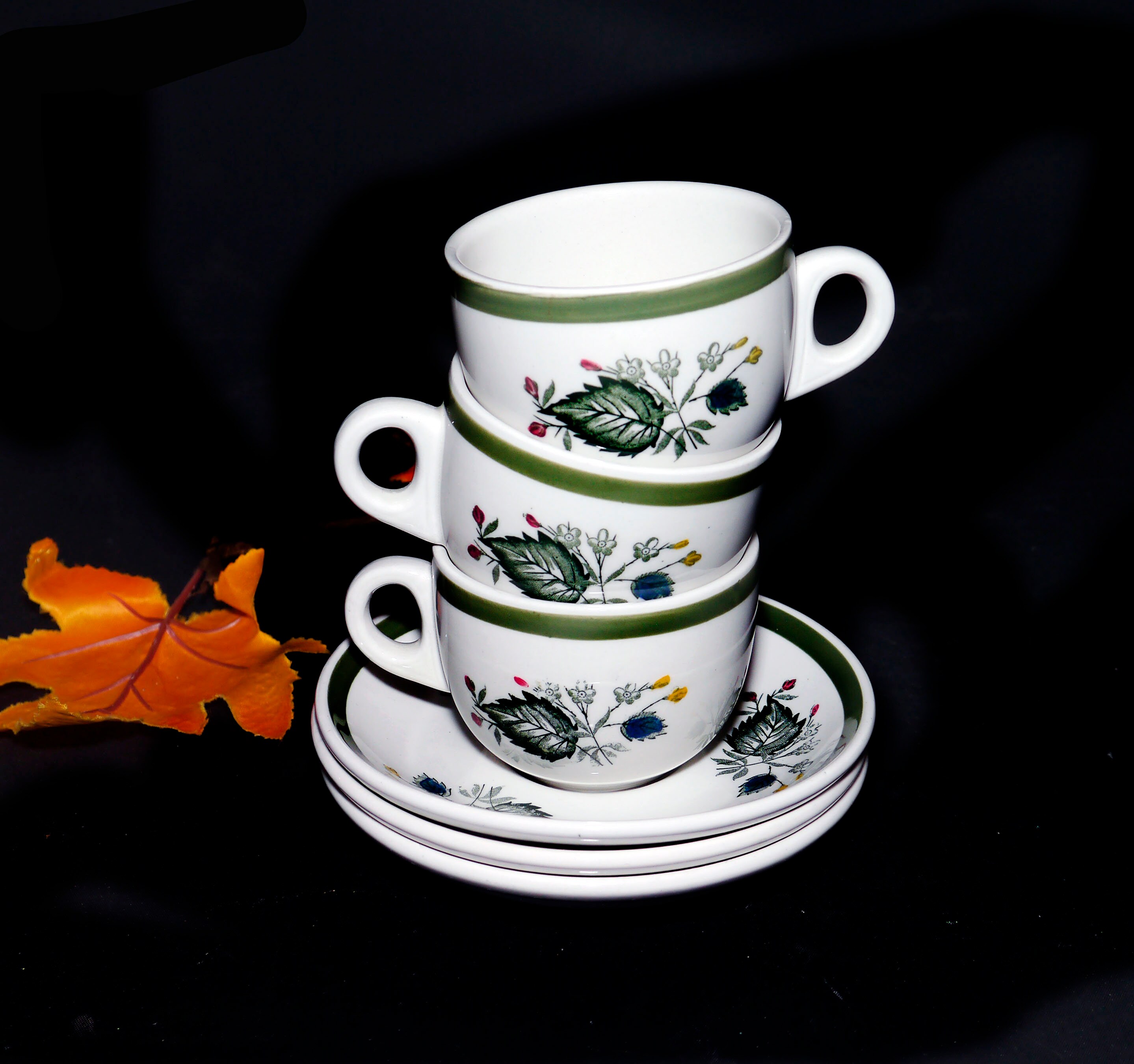 tHREE John Maddock & Sons Merry Leaves cup and saucer sets. Ultra ...