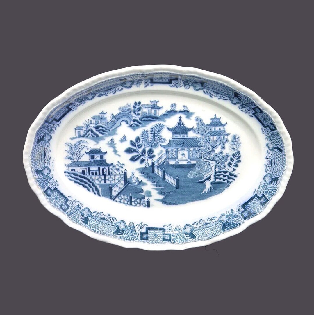 Antique Bristol Pottery Poutney Mandarin Flow-blue Oval Meat or Turkey ...