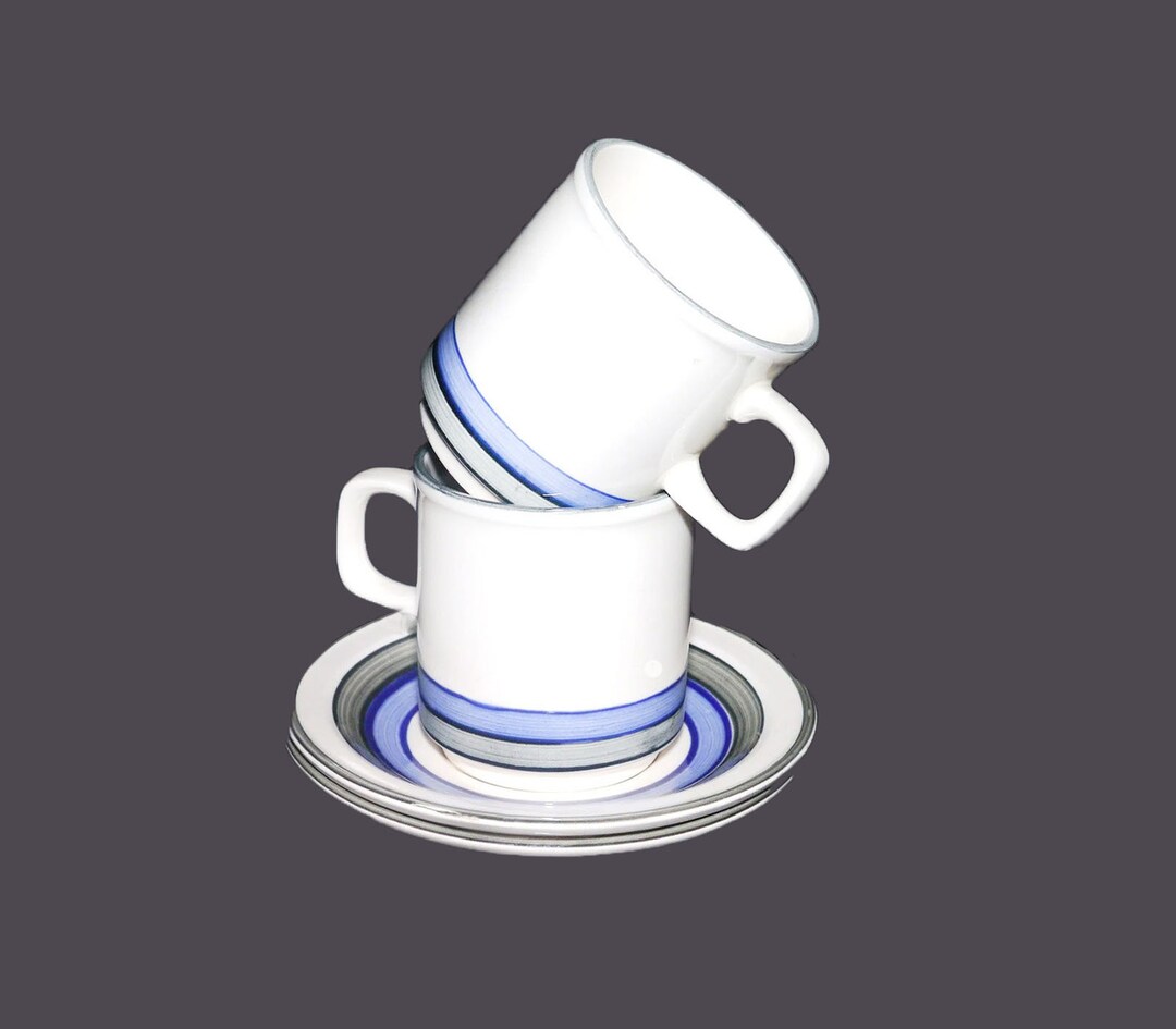 Pair of Carrigaline Pottery Blue and Gray Striped Stoneware Cup and ...