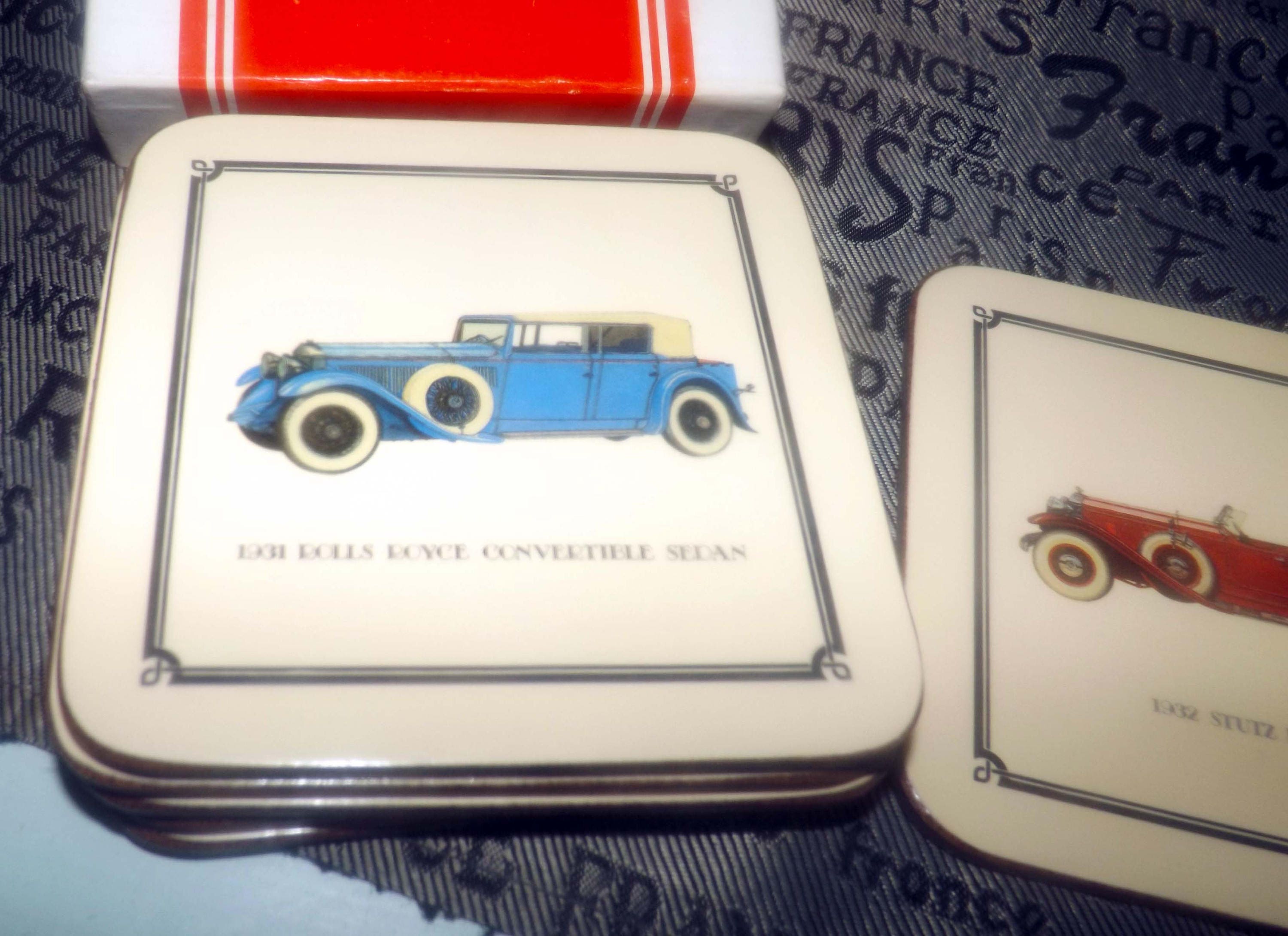 Set of six vintage (1960s) Pimpernel cork-backed coasters. Original box ...