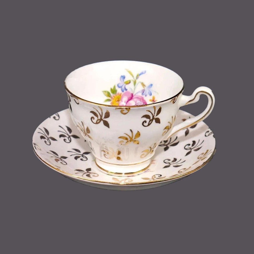 Vintage Clare Bone China Tea Cup and Saucer: Gold Fleur De Lys, Pink ...