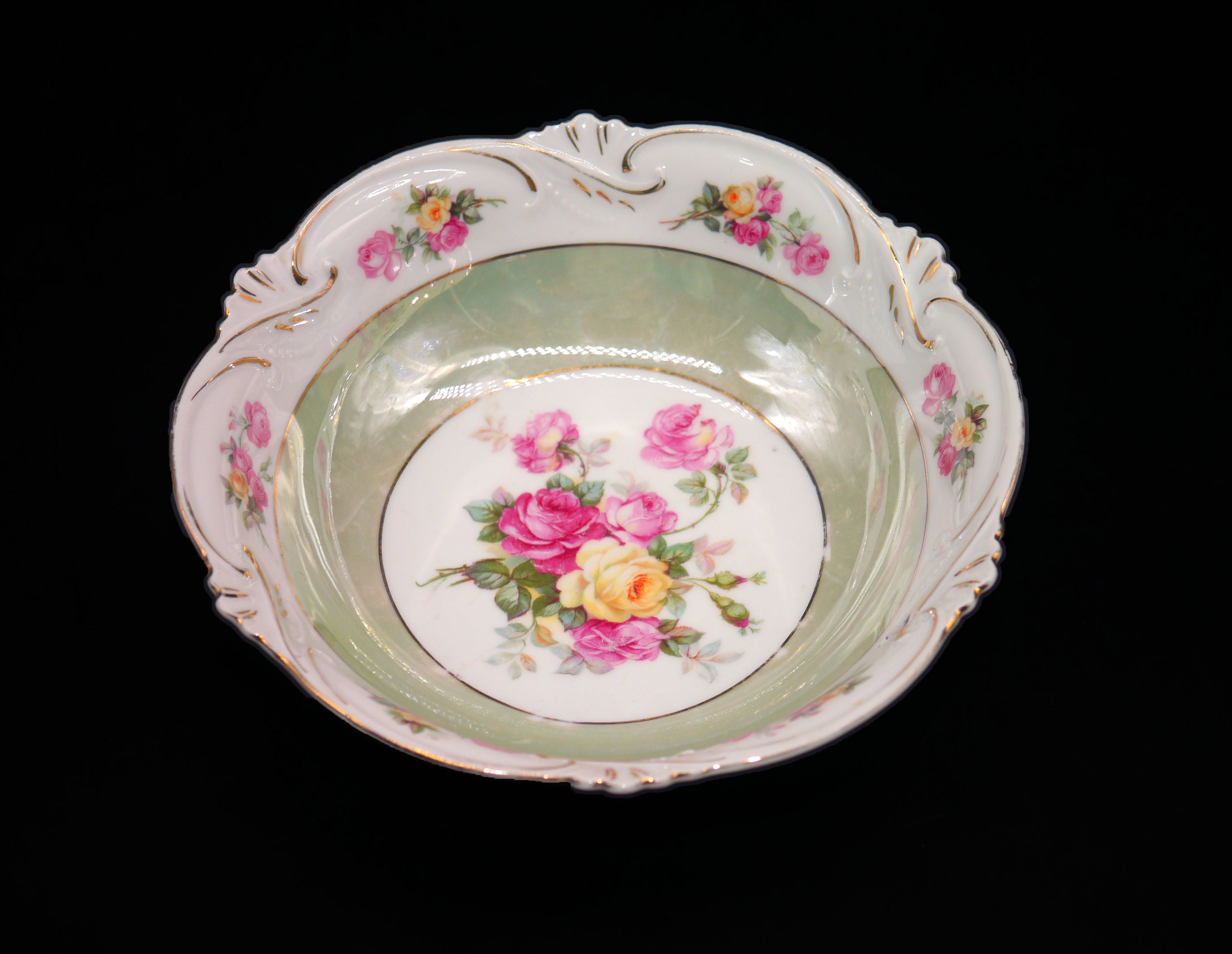 German lusterware vegetable serving bowl. Pink, yellow roses, green ...