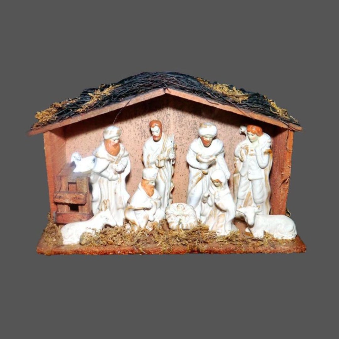 Vintage Porcelain Nativity Set: 10 Figures, Wooden Shed, Thatched Roof ...