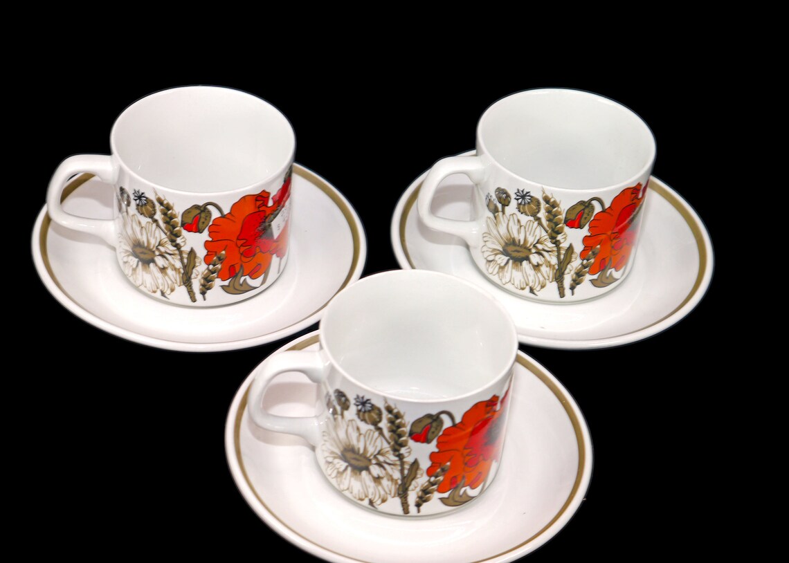 Three J&G Meakin Poppy Cup and Saucer Sets. Studio Line - Etsy