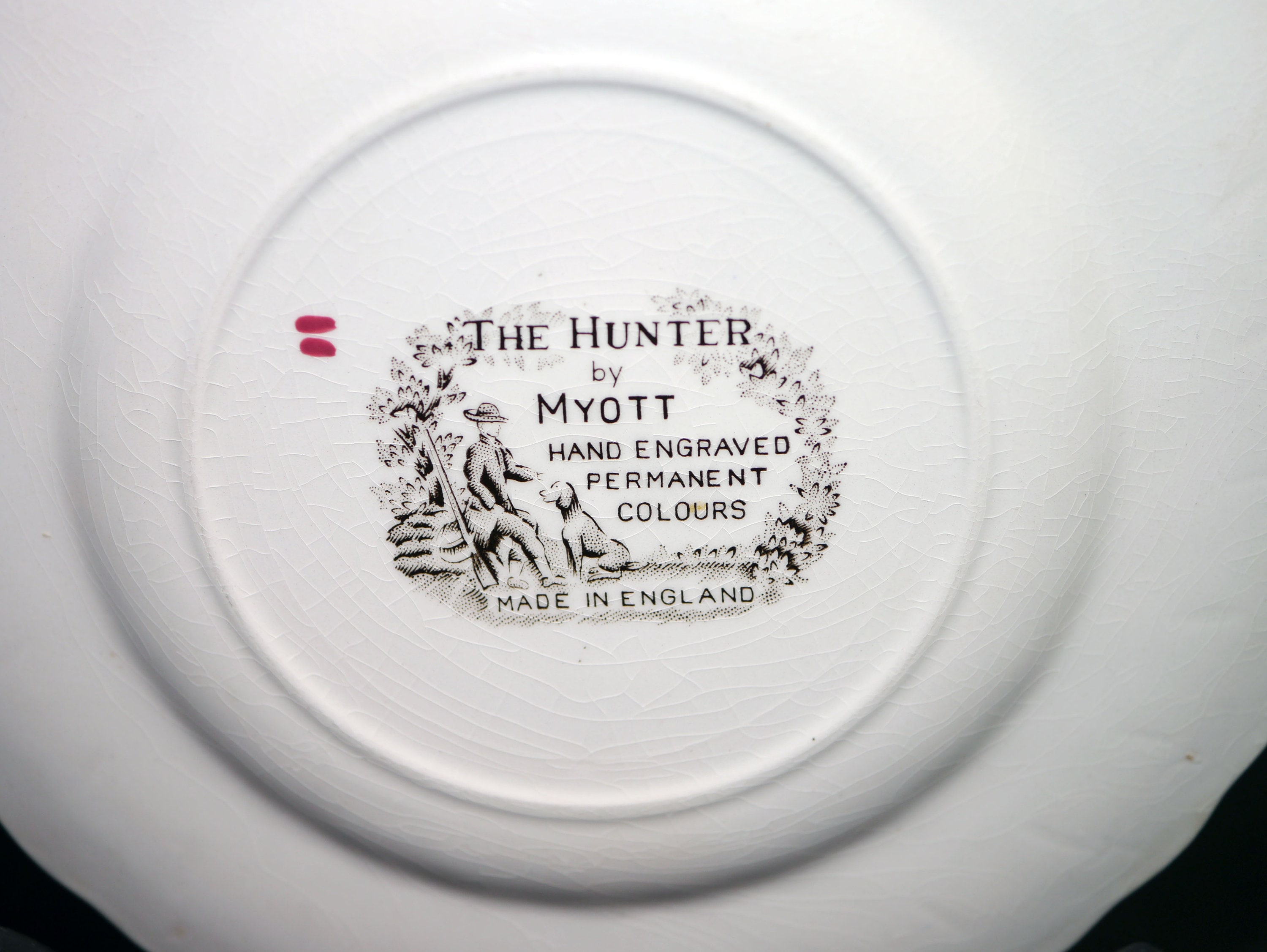 Seven Myott The Hunter Multicolor dessert plates made in England.
