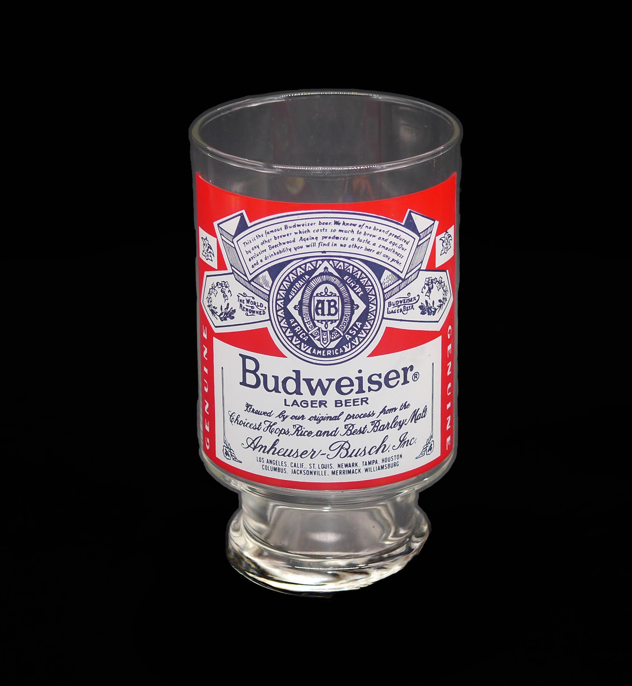 Budweiser | Anheuser Busch stemmed beer pint glass. Etched-glass branding.