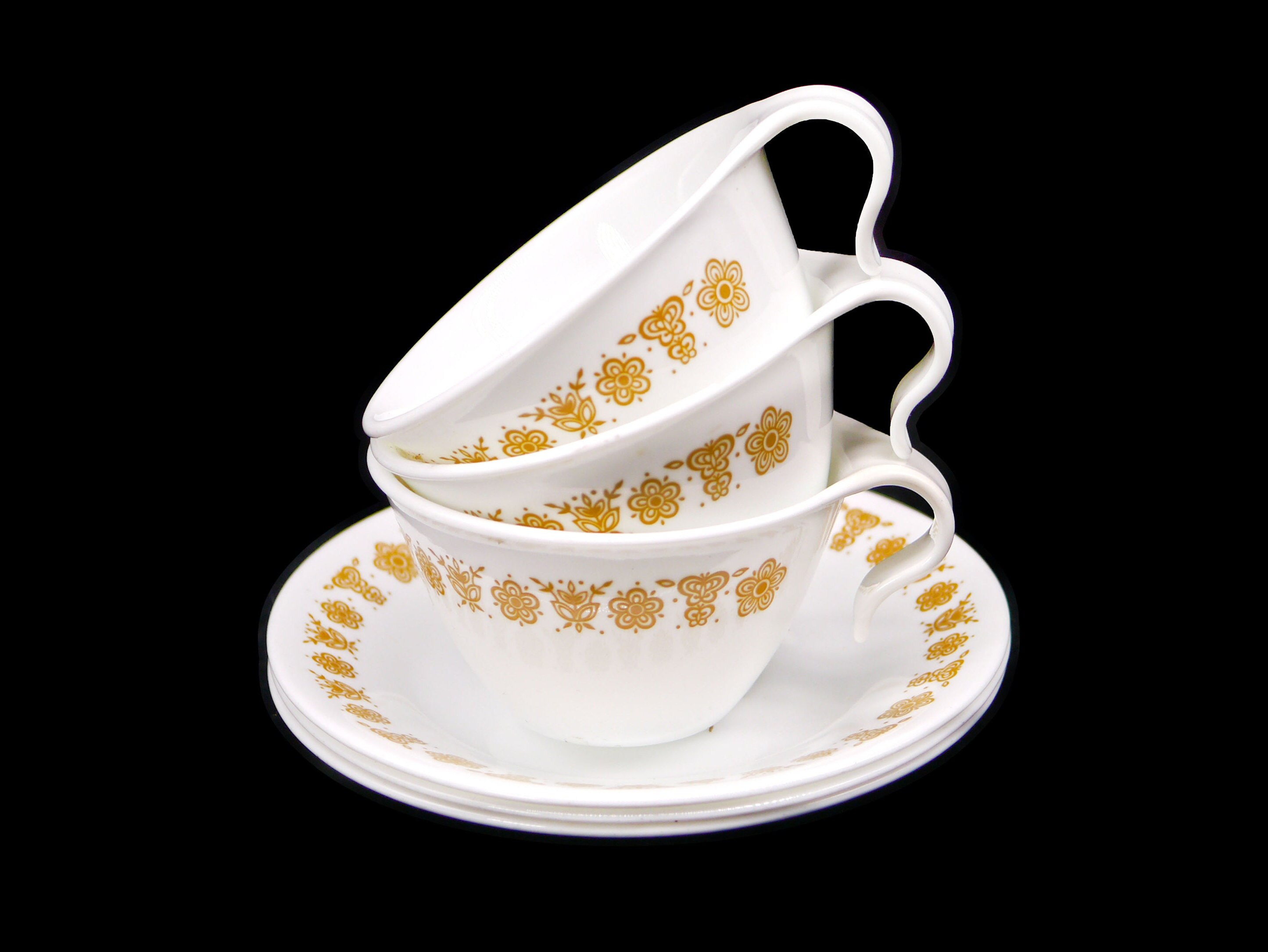 Three retro Corelle Corning Butterfly Gold hangable cup and saucer sets ...