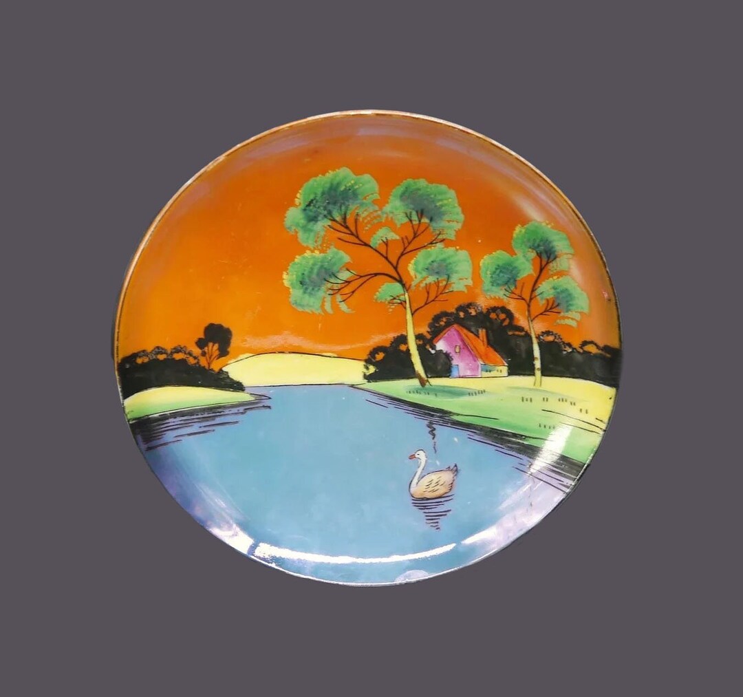 Chikaramachi Hand-painted Nippon Lusterware Plate. Swan Lake Landscape ...