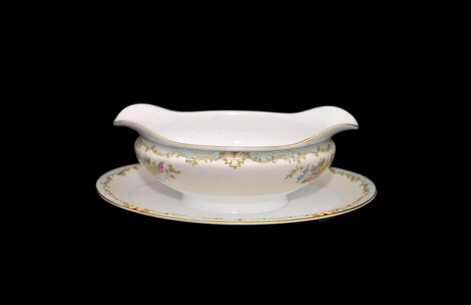Noritake hand-painted Nippon Lanare gravy boat with attached under ...