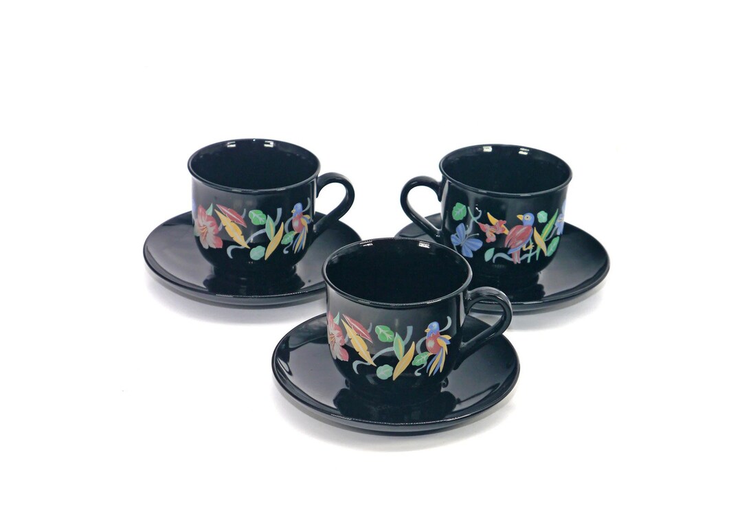 Three Arcoroc Arcopal Cup and Saucer Sets. Multicolor Florals and ...