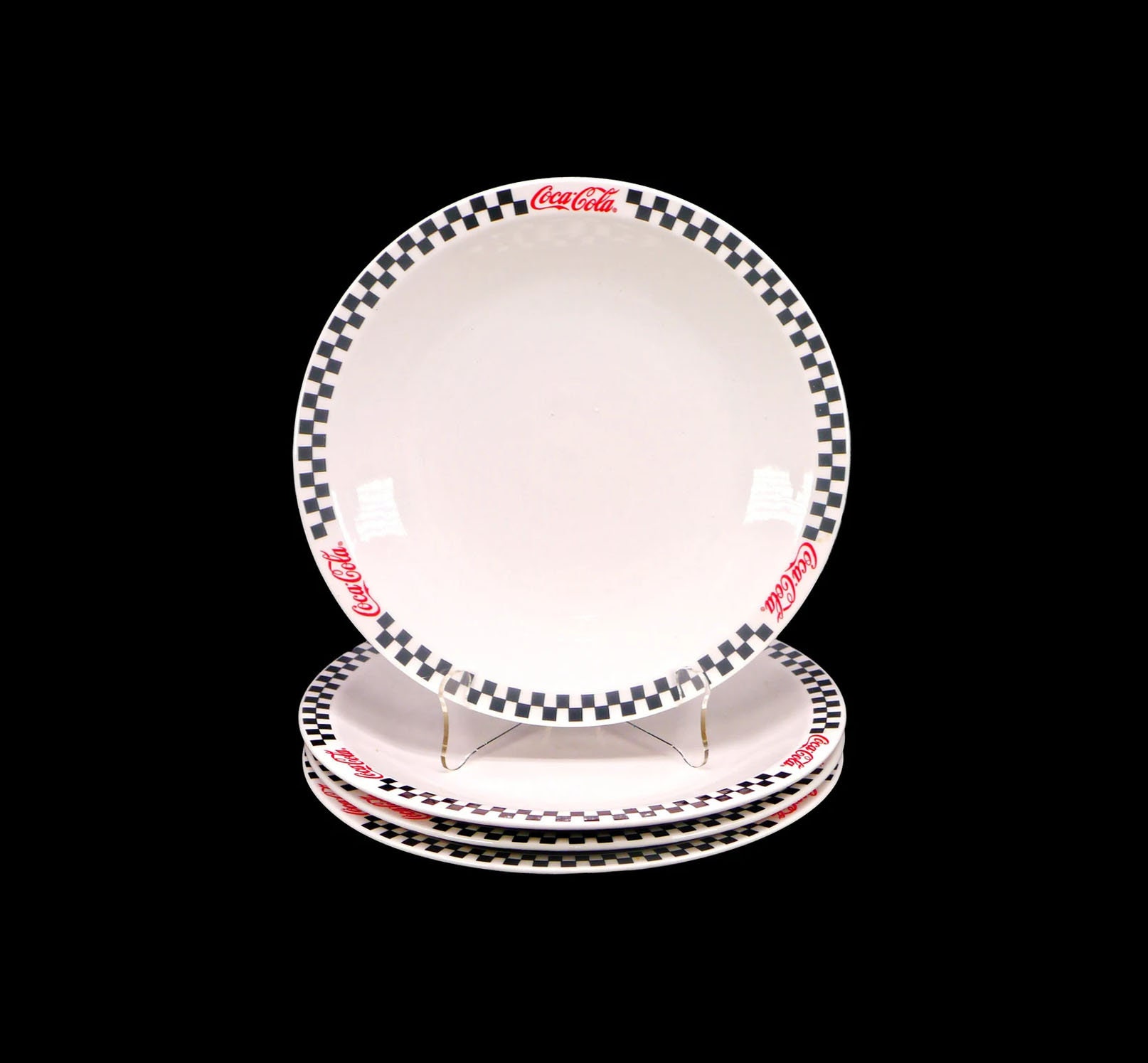 Four Gibson Coca-Cola Race Day stoneware dinner plates. Red Coca-Cola ...