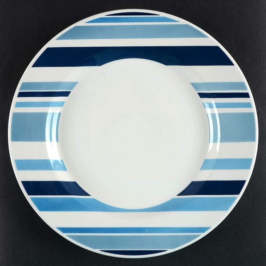 Pier 1 Marea dinner plates made in Italy. Blue stripes on white. Flaw ...