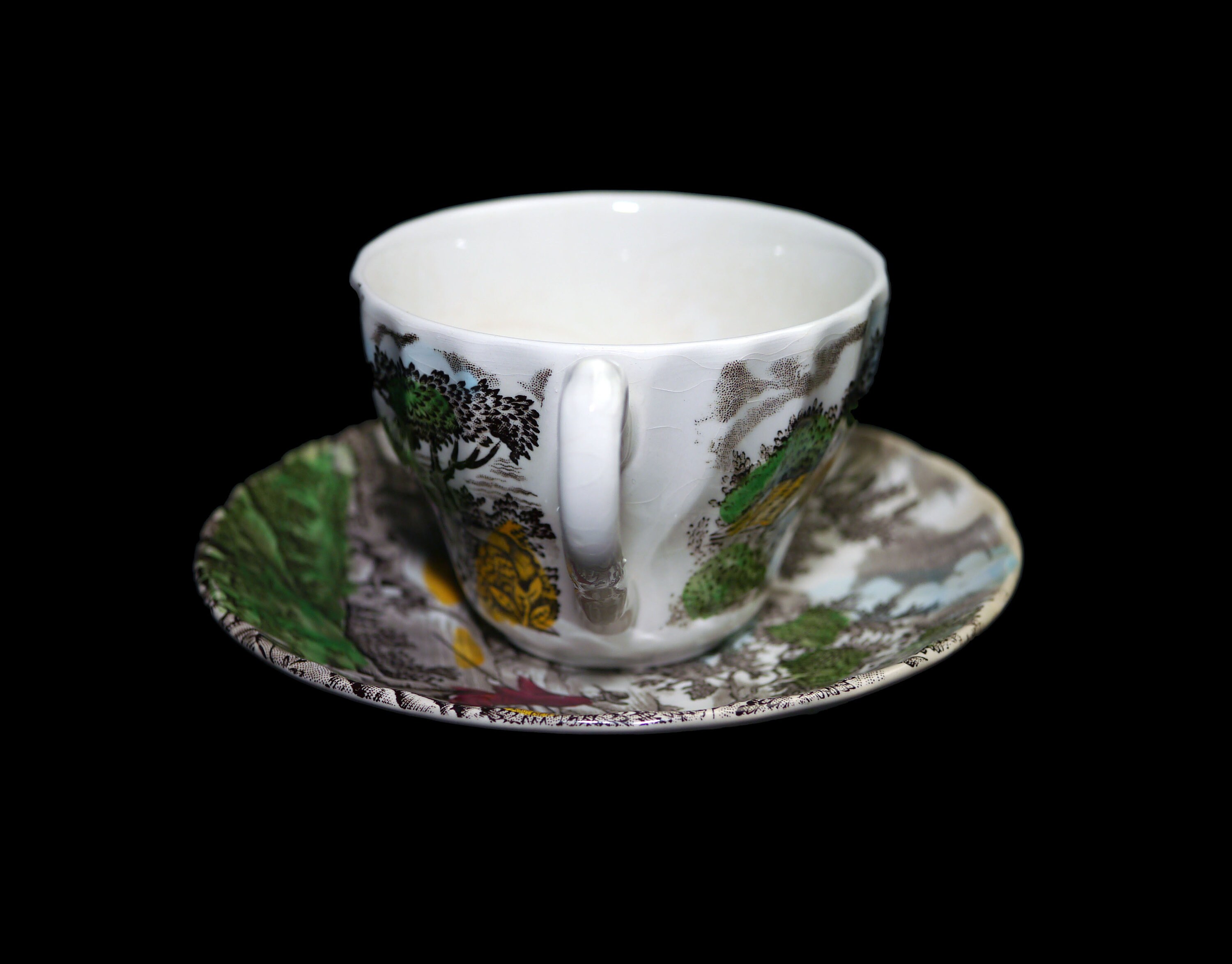Eight Myott The Hunter Multicolor hand-decorated cup and saucer sets ...
