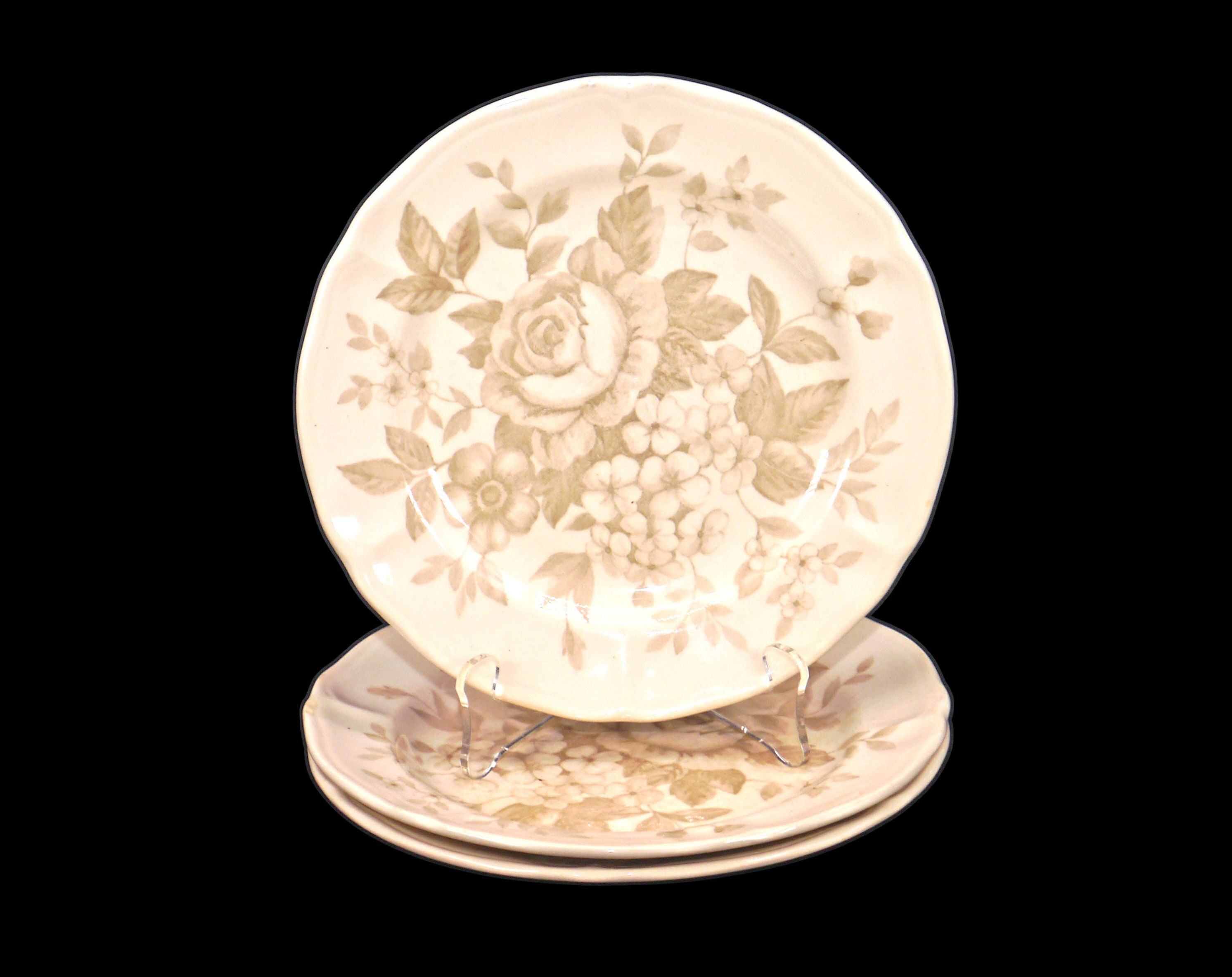 Set of vintage Eaton Home salad or side plates. Taupe floral toile ...