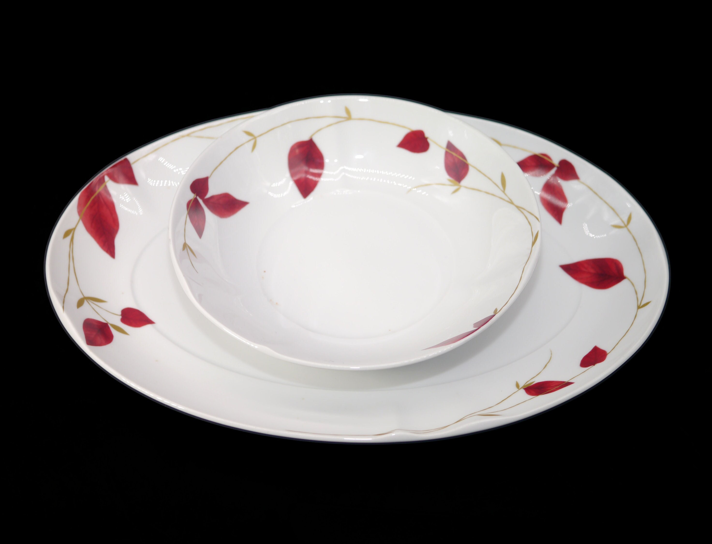 Spal Porcelanas duo of oval platter and round serving bowl. Red tan ...