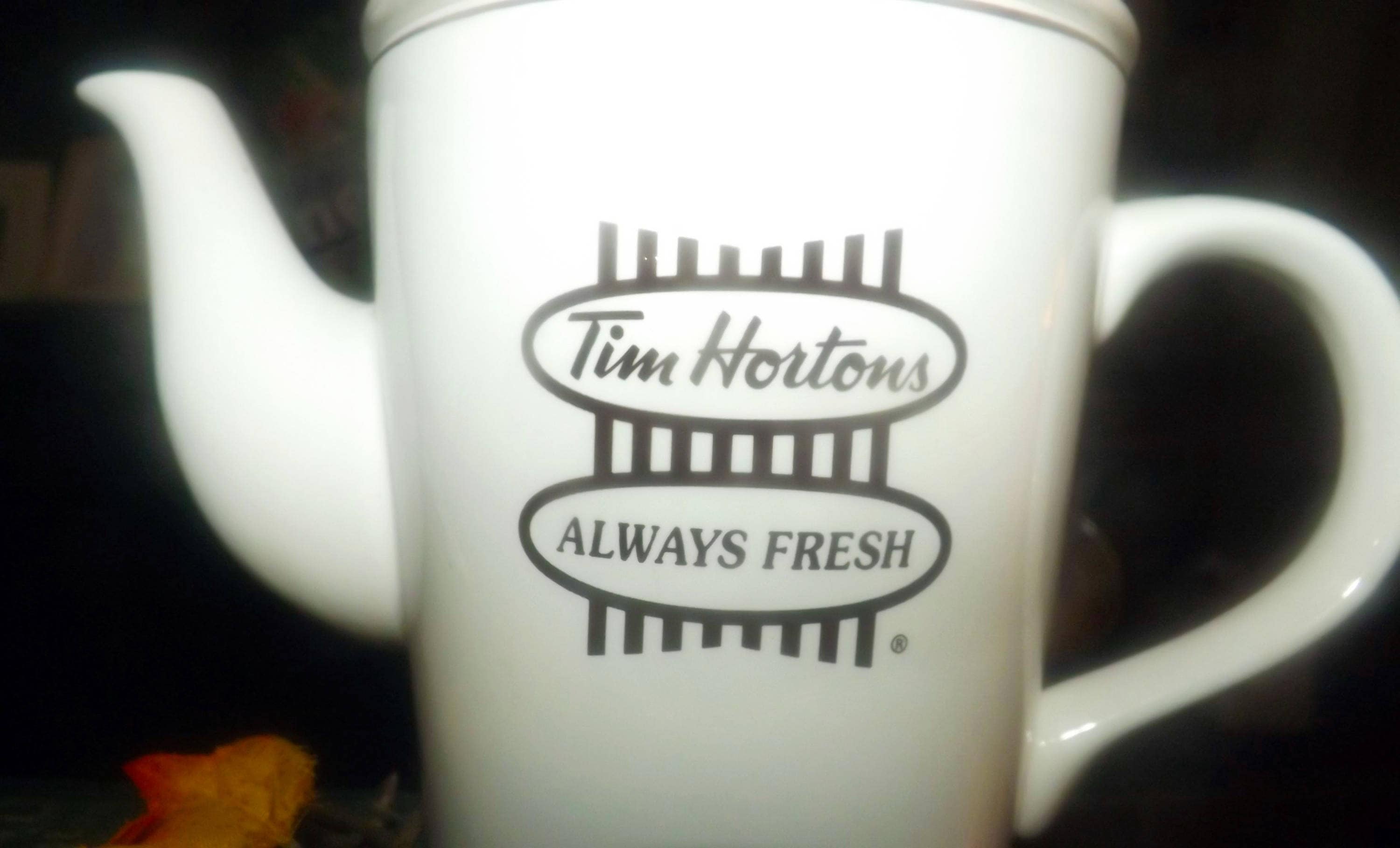 Vintage Tim Hortons 2-cup stoneware teapot with lid. Brown logo and ...