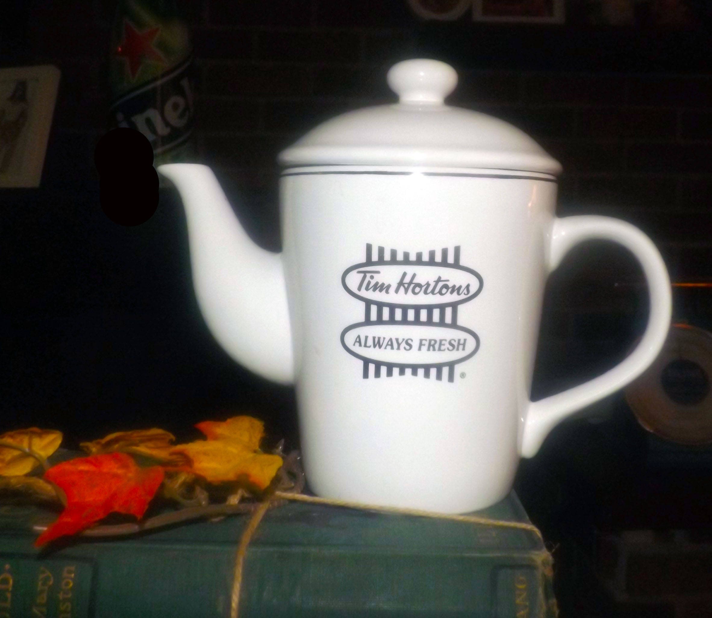 Vintage Tim Hortons 2-cup stoneware teapot with lid. Brown logo and ...
