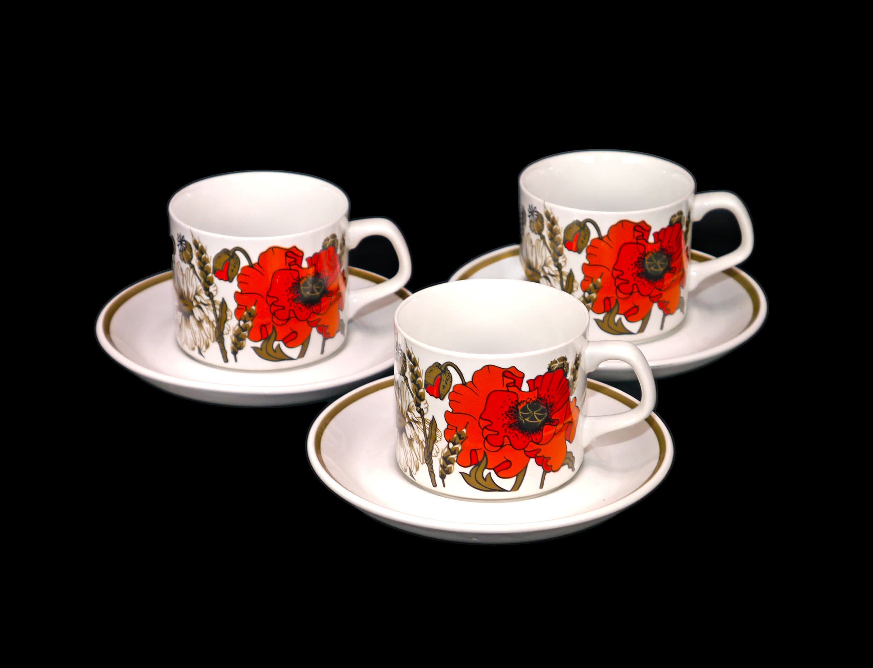 Three J&G Meakin Poppy cup and saucer sets. Studio Line ironstone made ...