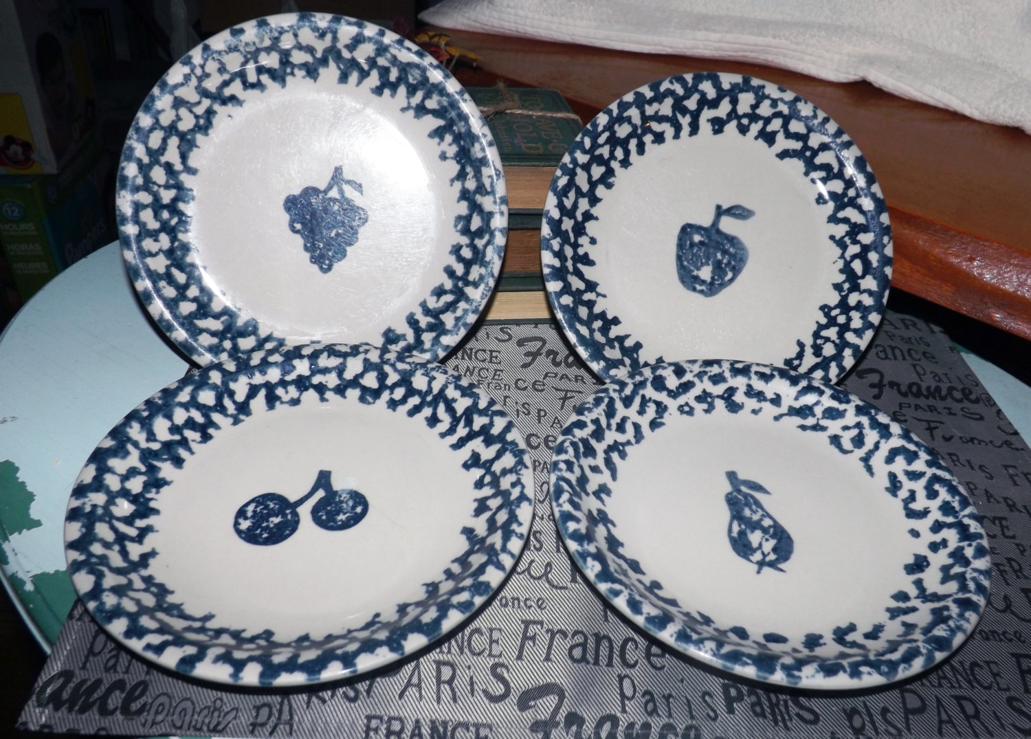 Vintage (late 1980s) Tienshan Fruits Blue pattern Folk Craft stoneware ...