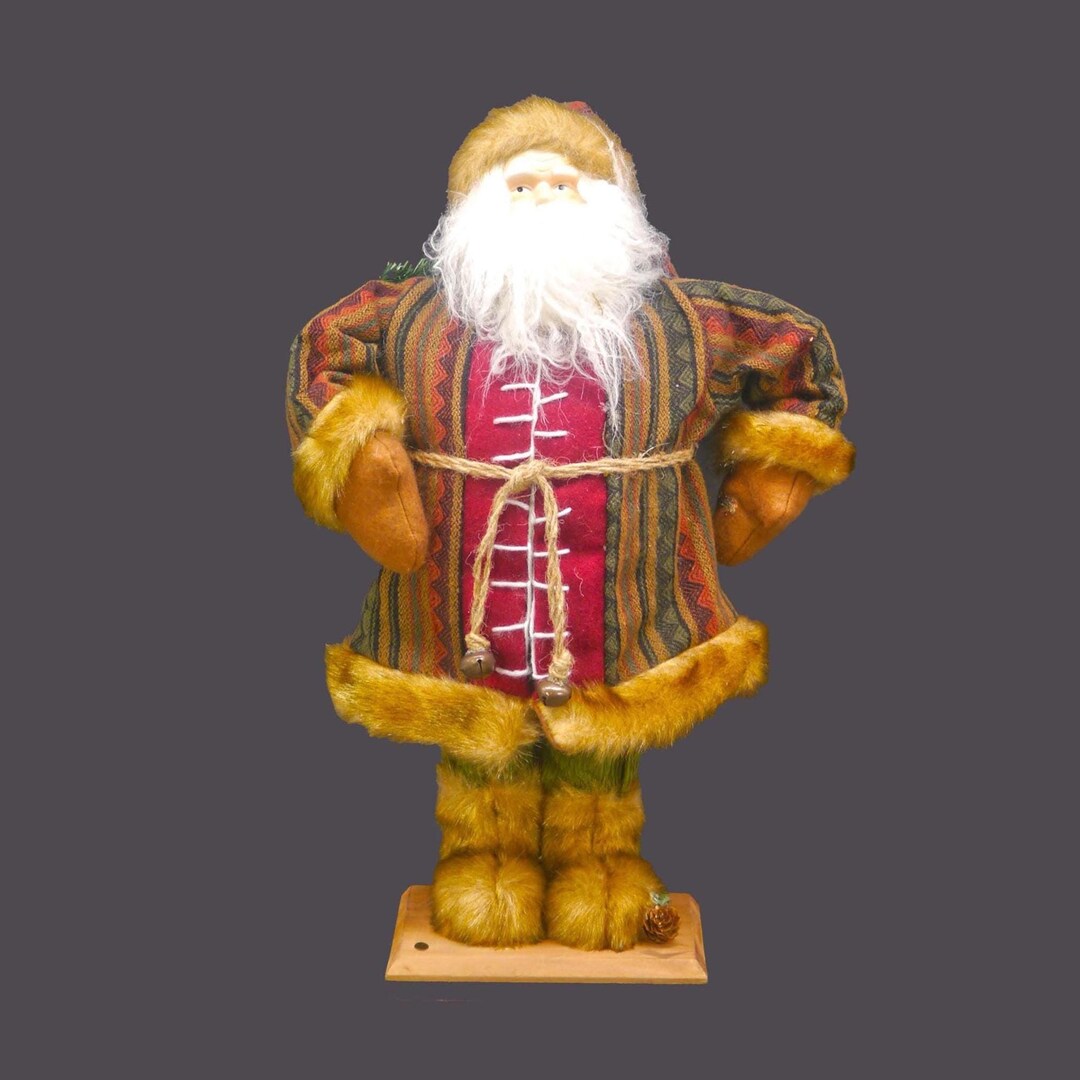Vintage Bobble-head Santa Figurine: Fur Trim, Burlap Sack, Wood Stand ...