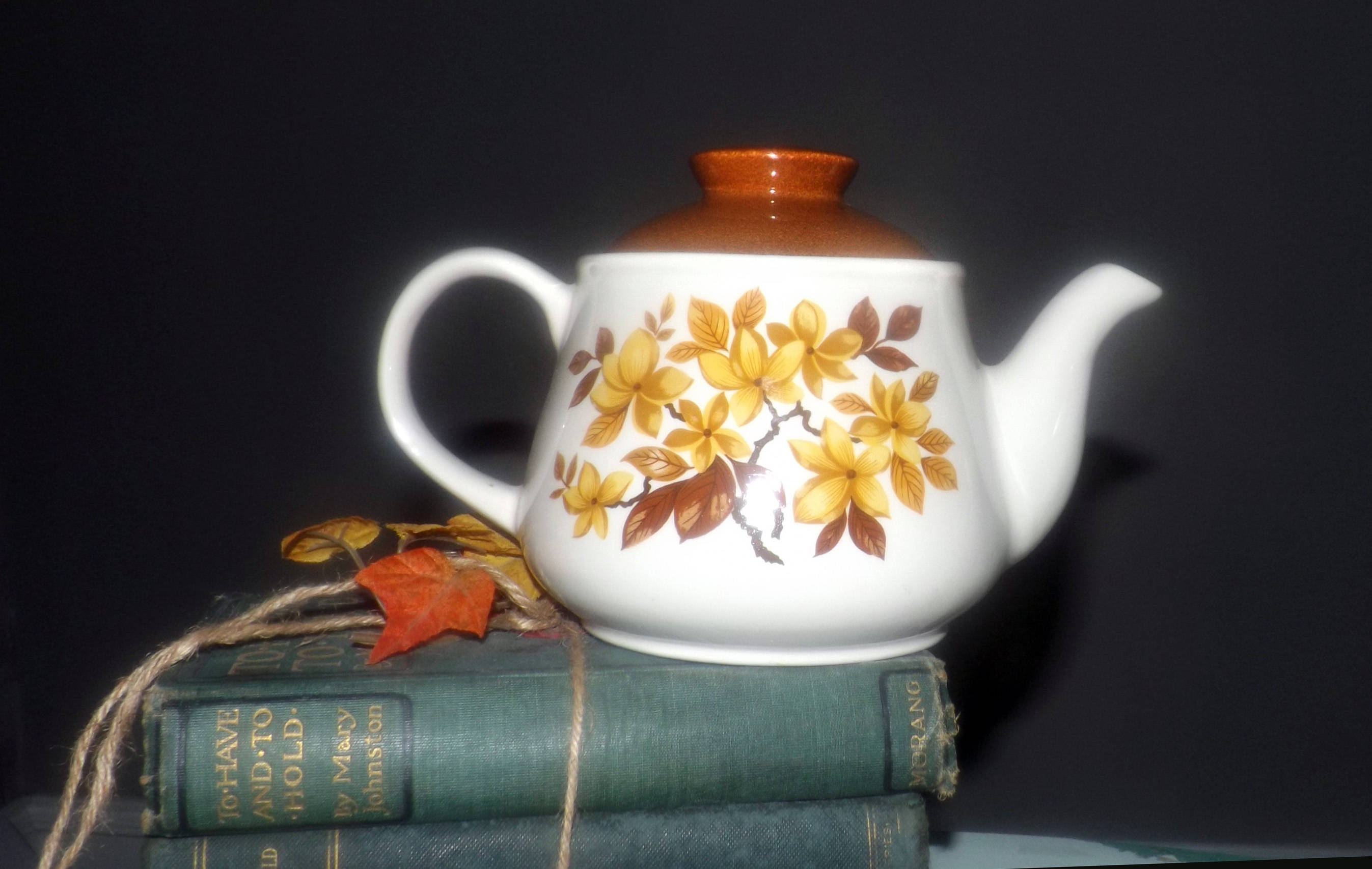 Vintage (1970s) Sadler teapot with lid. Fall | autumn-colored leaves on ...