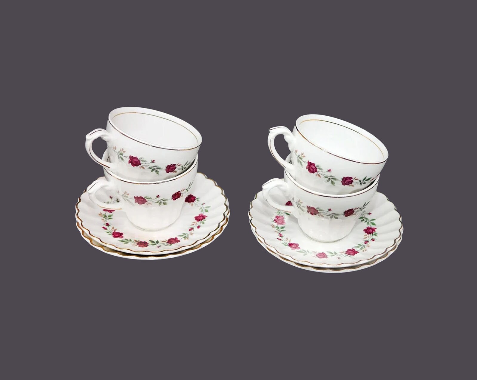 Four J&G Meakin Rose Marie cup and saucer sets made in England ...