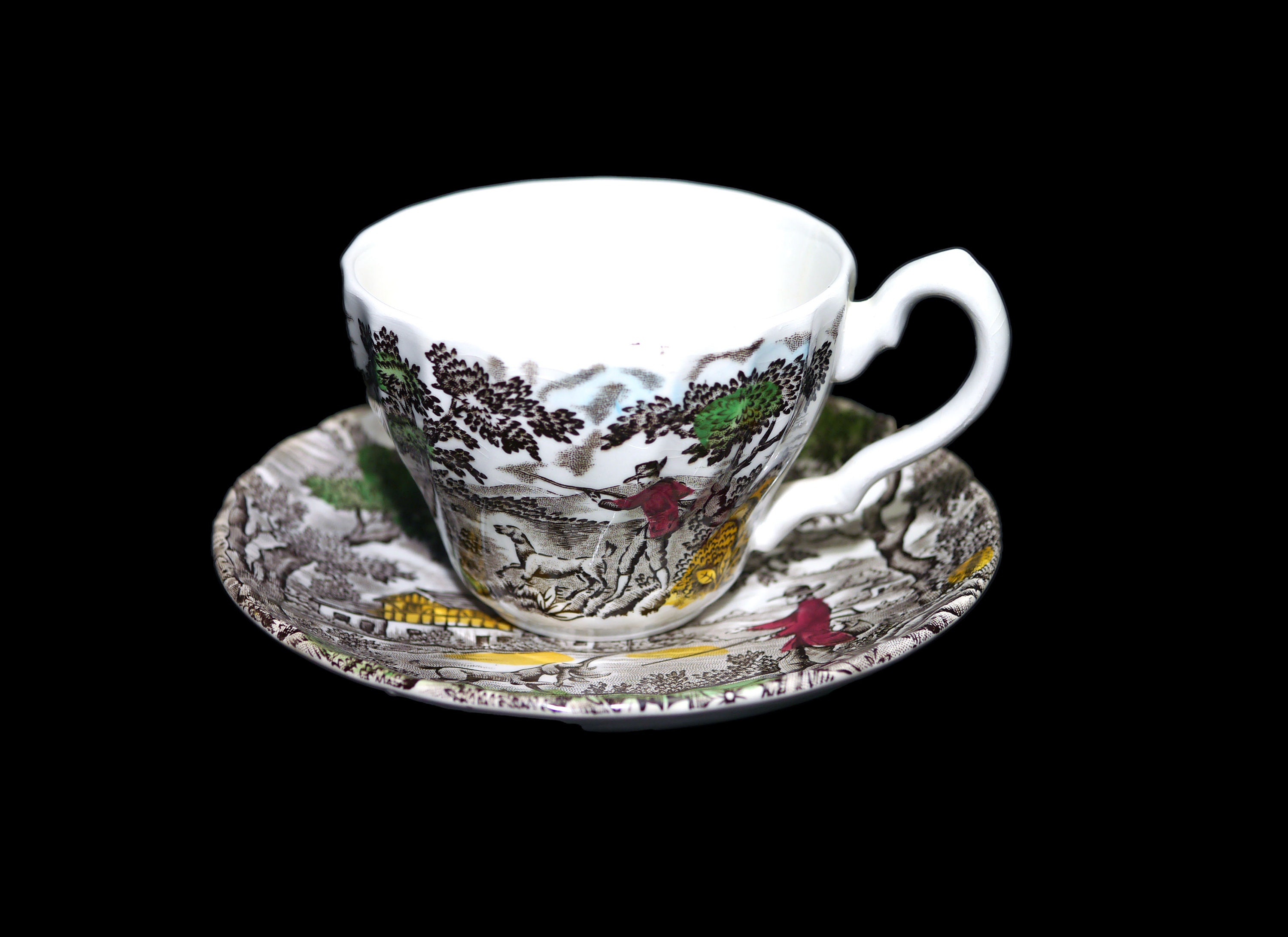 Eight Myott The Hunter Multicolor hand-decorated cup and saucer sets ...