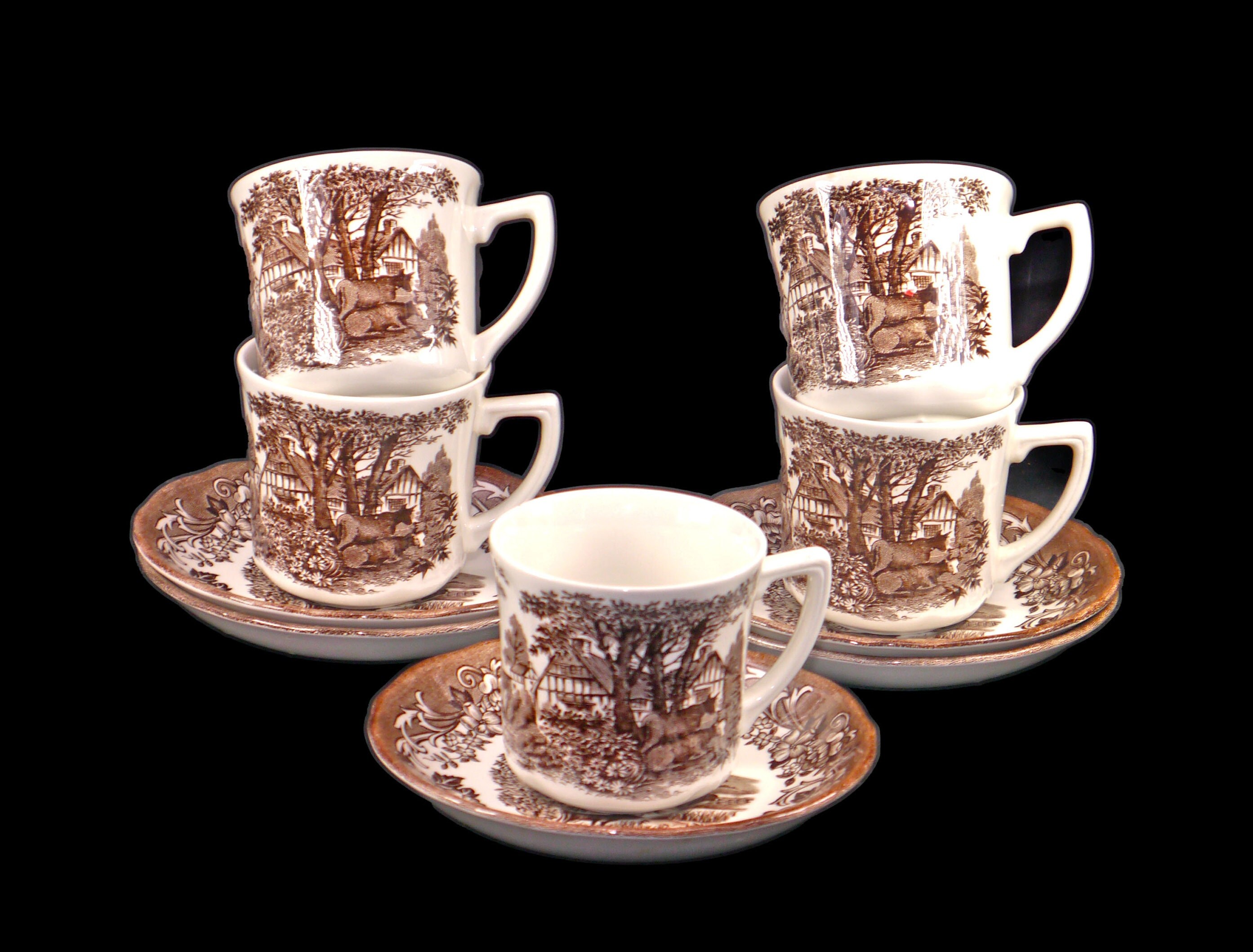 Five J&G Meakin Romantic England Brown transferware cup and saucer sets ...
