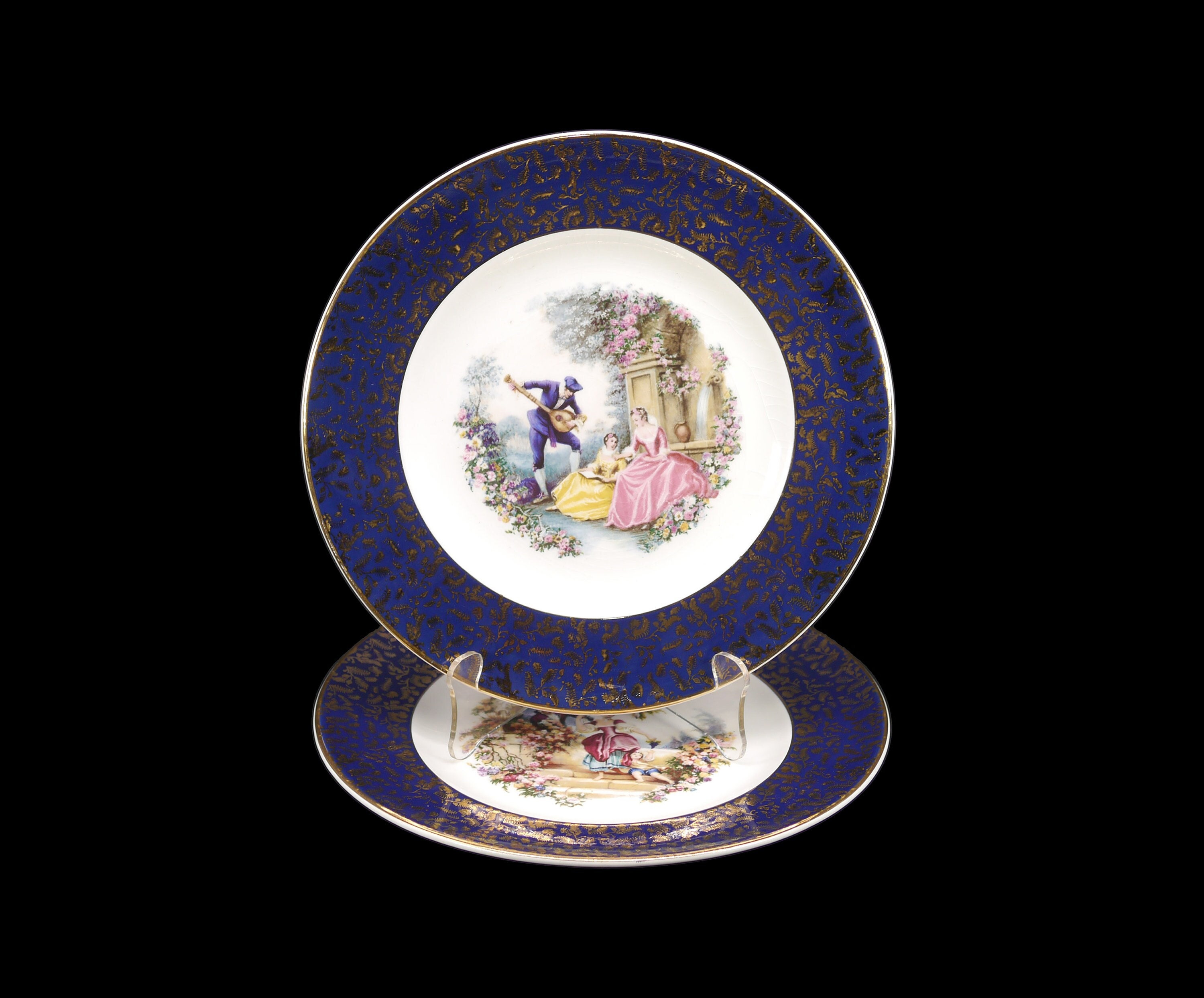 Pair of Wood & Sons Fragonard plates. Cobalt, gold filigree rim, Alpine ...