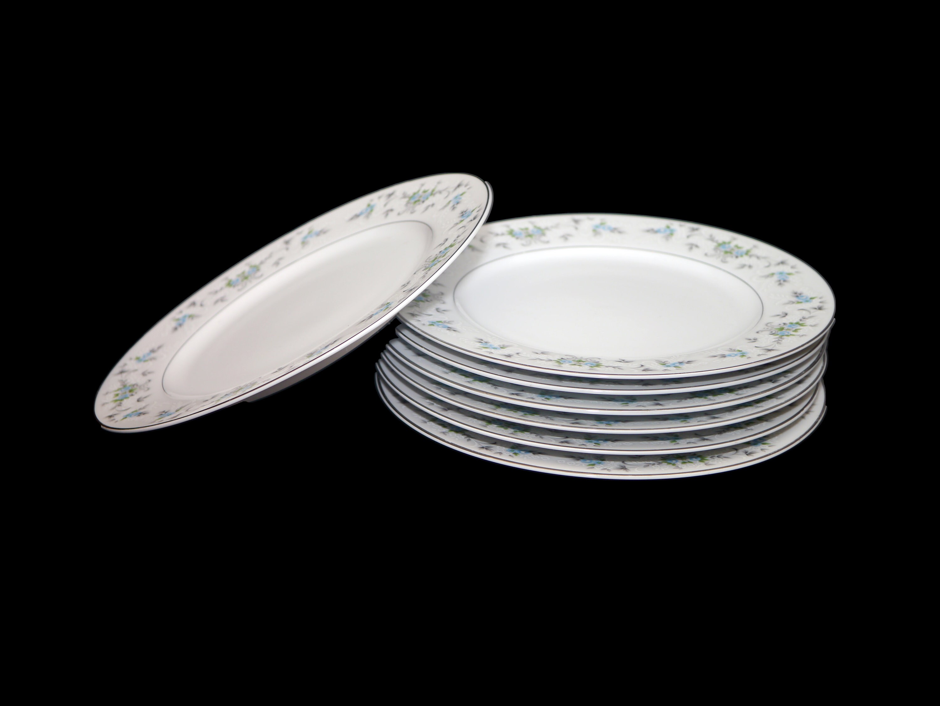 Seven Sakura dinner plates. Blue roses, white embossed flowers, gray ...