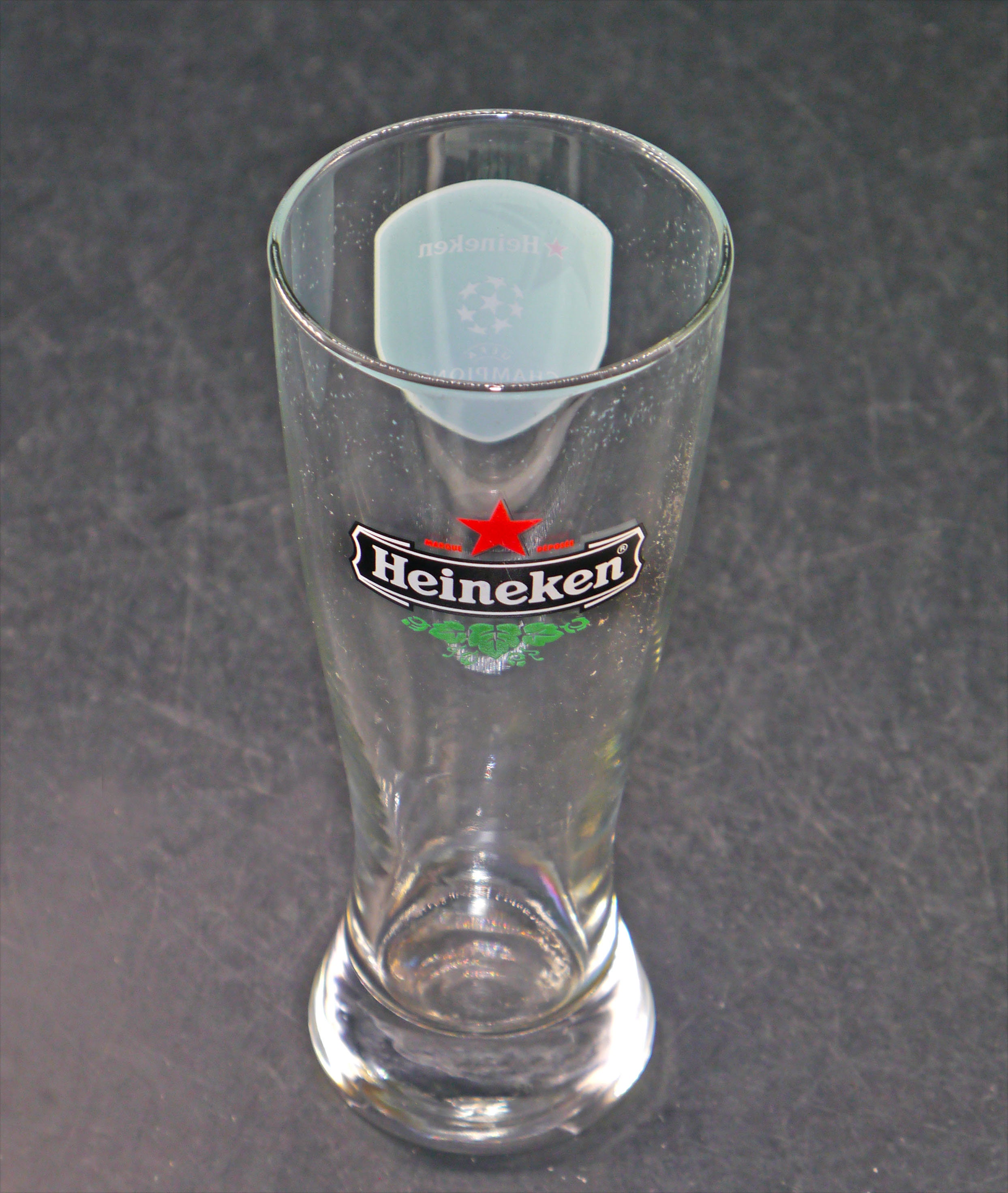 Heineken Beer half-pint glass sponsoring UEFA Champions League. Etched ...