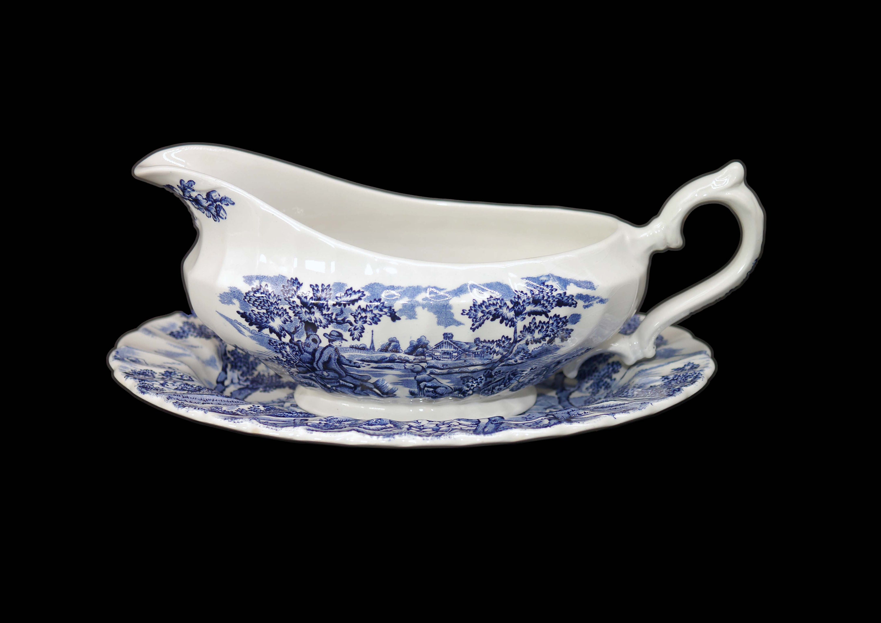 Myott The Hunter blue-and-white transferware gravy boat with under ...