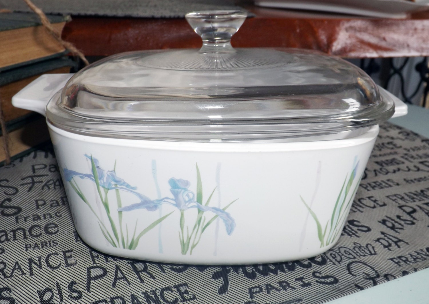 Vintage Corelle | Corning Shadow Iris covered casserole with original ...