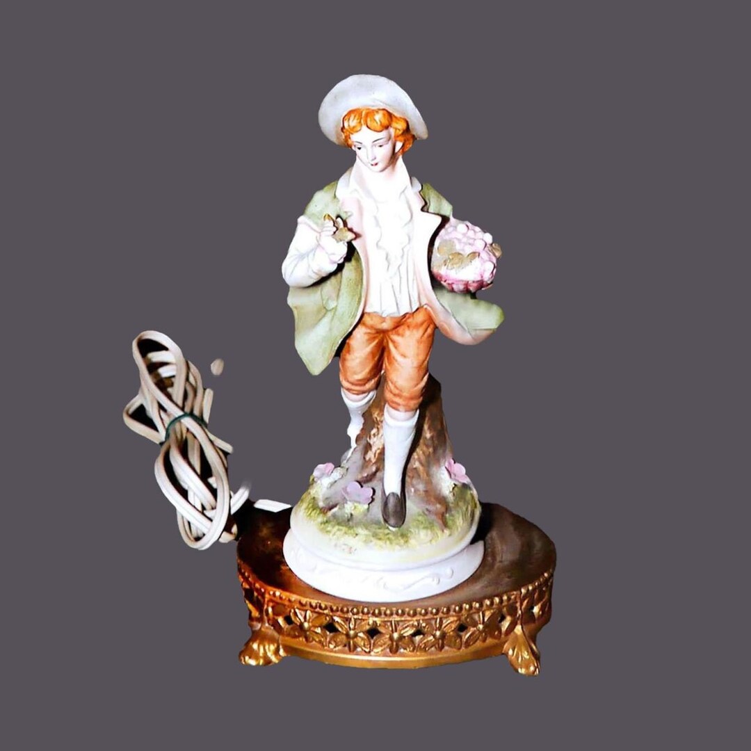 Lefton Porcelain Figural Lamp: Victorian Man, Floral Bouquet, Brass ...