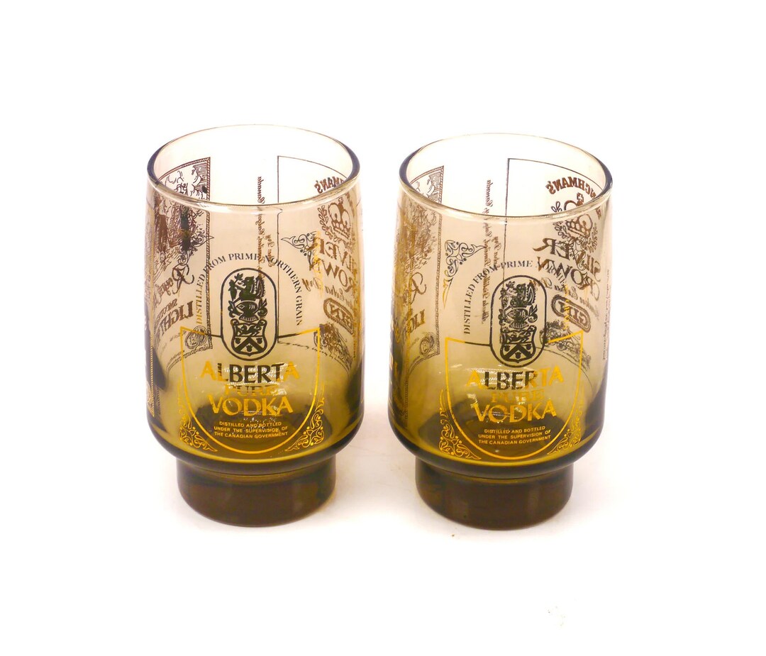 Vintage Amber Etched Cocktail Glasses: Silver Crown Gin, Alberta Vodka ...