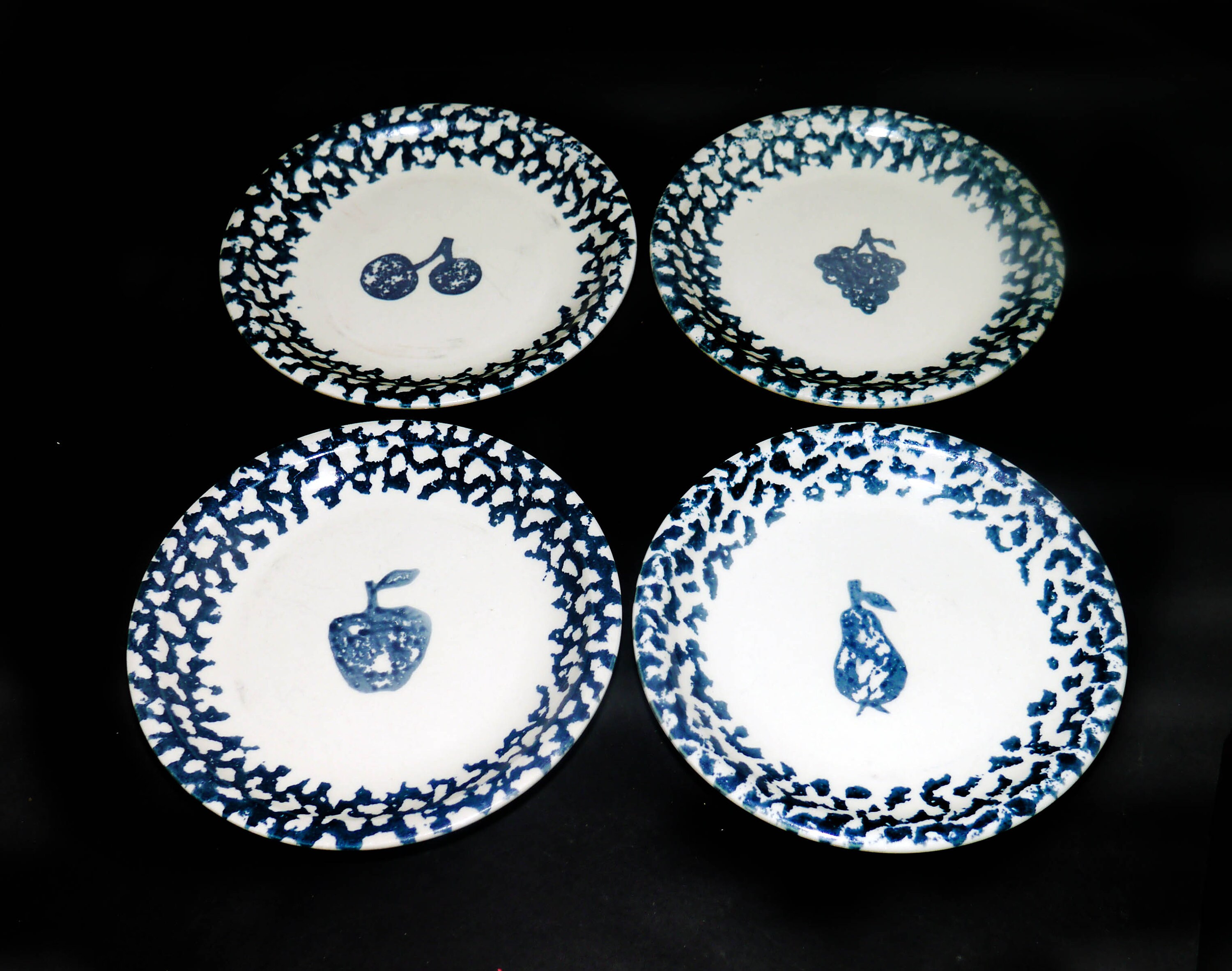 Four Tienshan Fruits Blue stoneware salad plates. Folk Craft Stoneware.