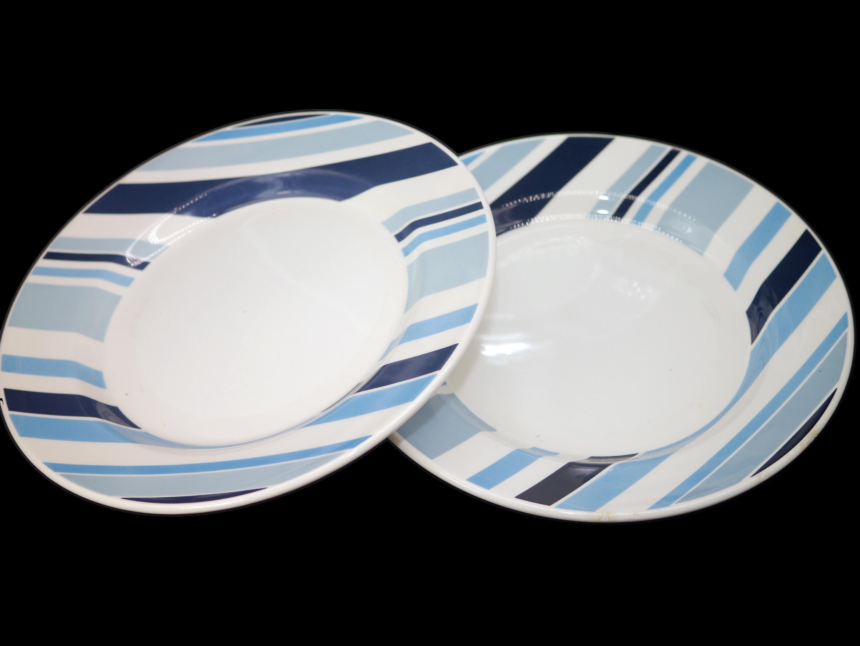 Pier 1 Marea dinner plates made in Italy. Blue stripes on white. Flaw ...
