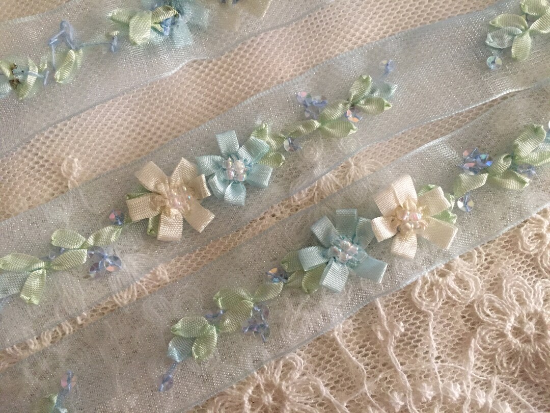 Light Blue Hand Embroidered Ribbon W/flowers Beads on Organza - Etsy